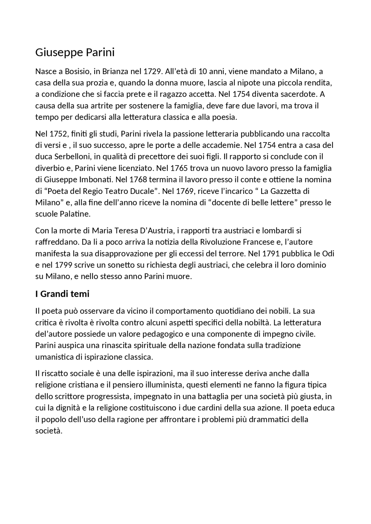 Giuseppe Parini Vita E Opere Docsity