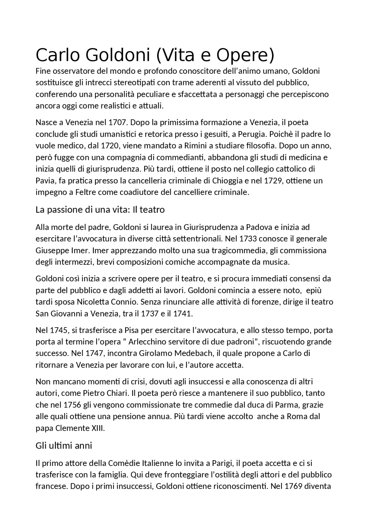 Carlo Goldoni Vita E Opere Docsity