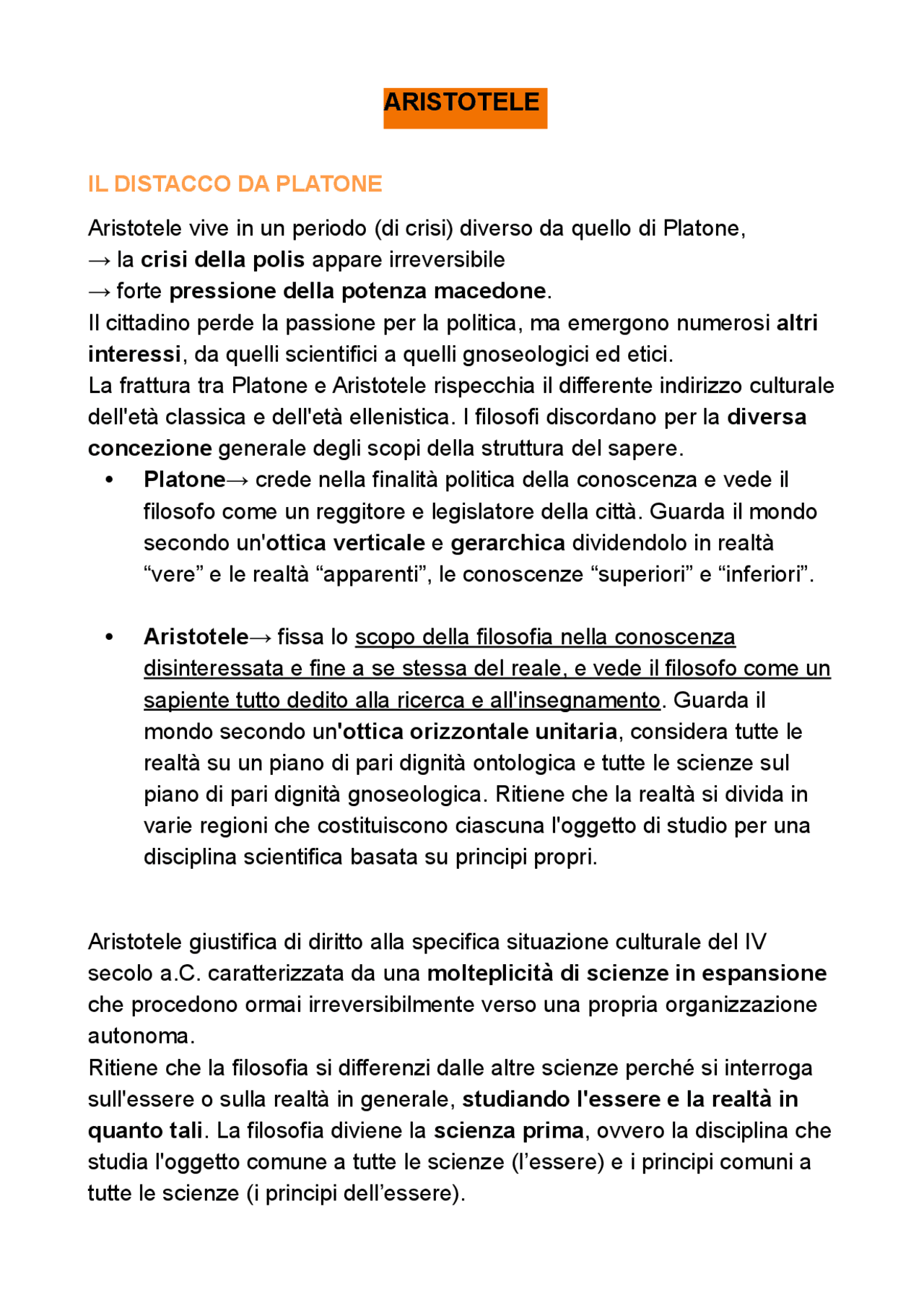 Rissunto Filosofia Aristotele Docsity