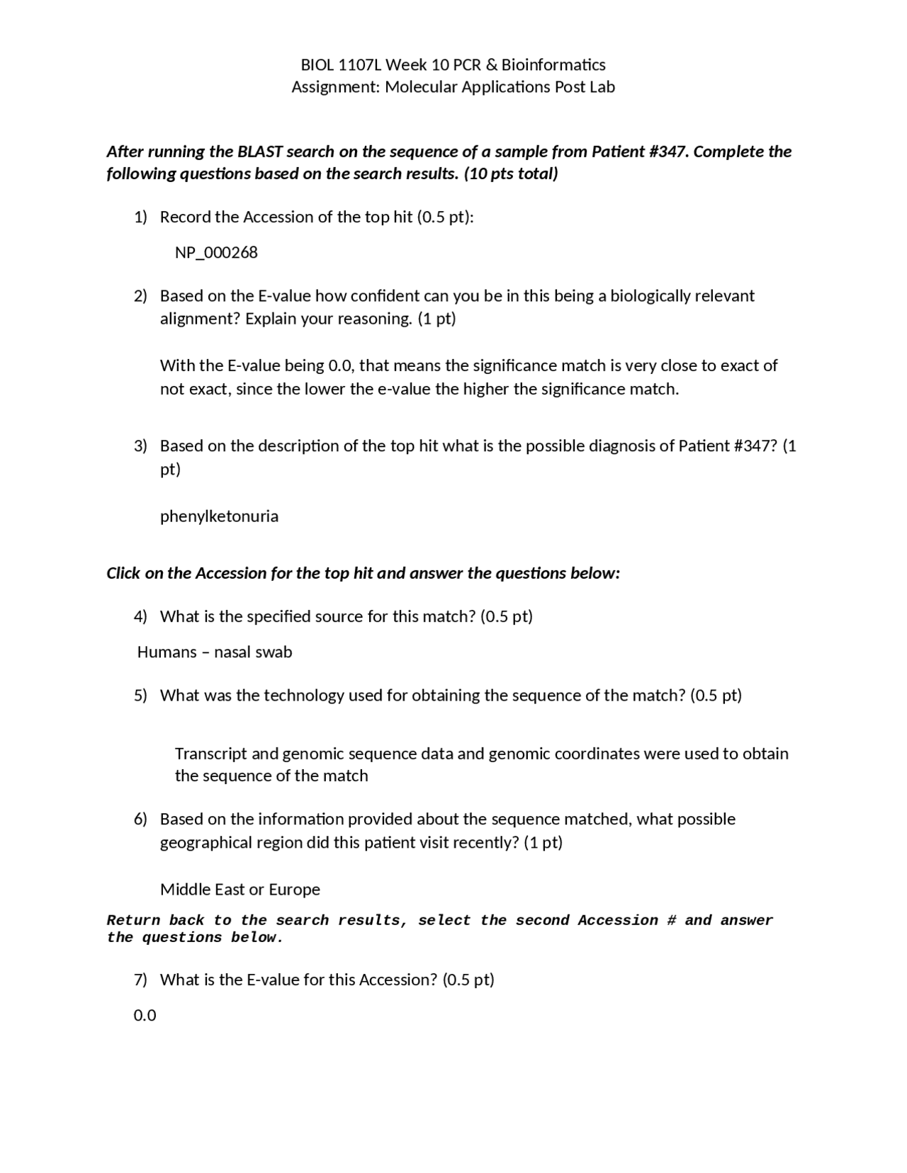 Post Lab questions Biology 1107 - Docsity