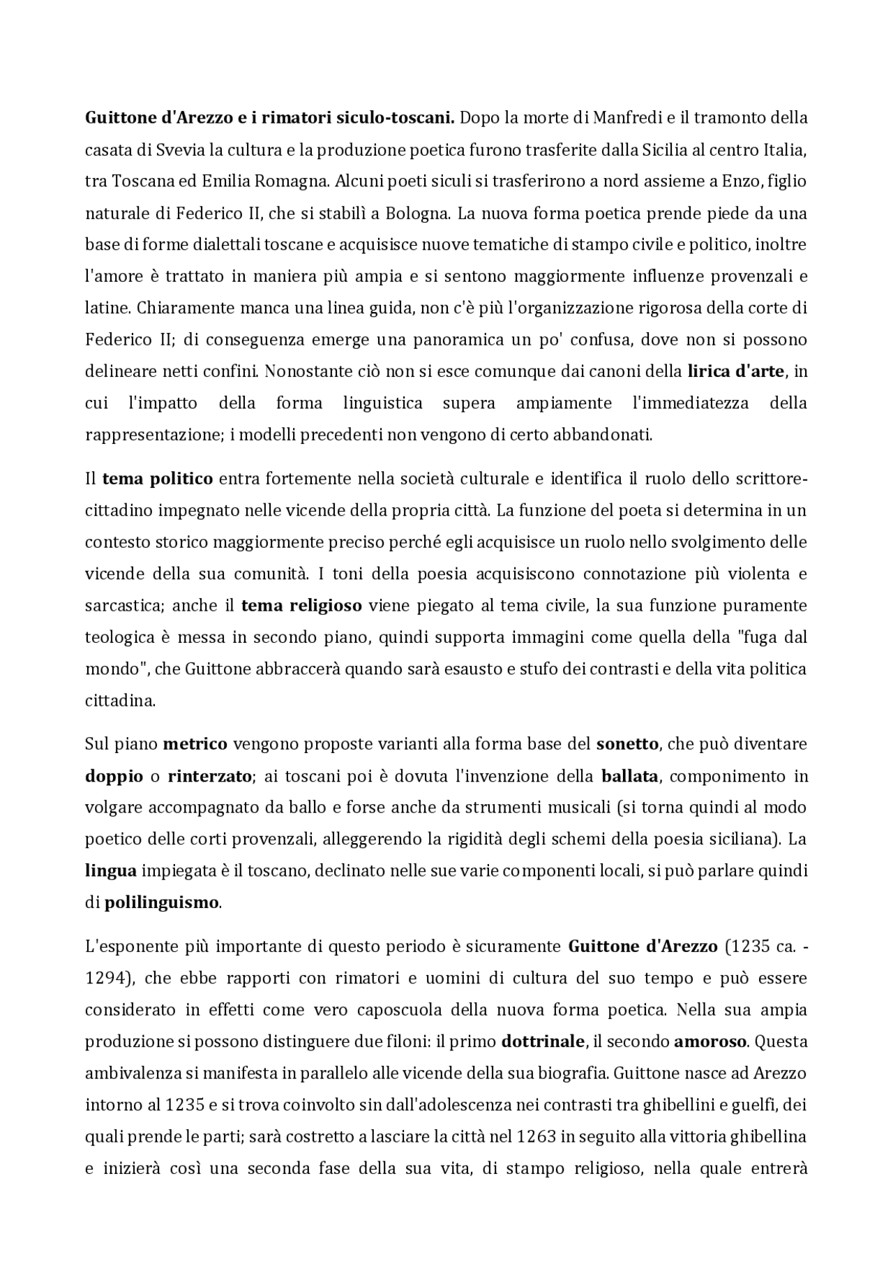 Guittone Darezzo E La Poesia Siculo Toscana Docsity