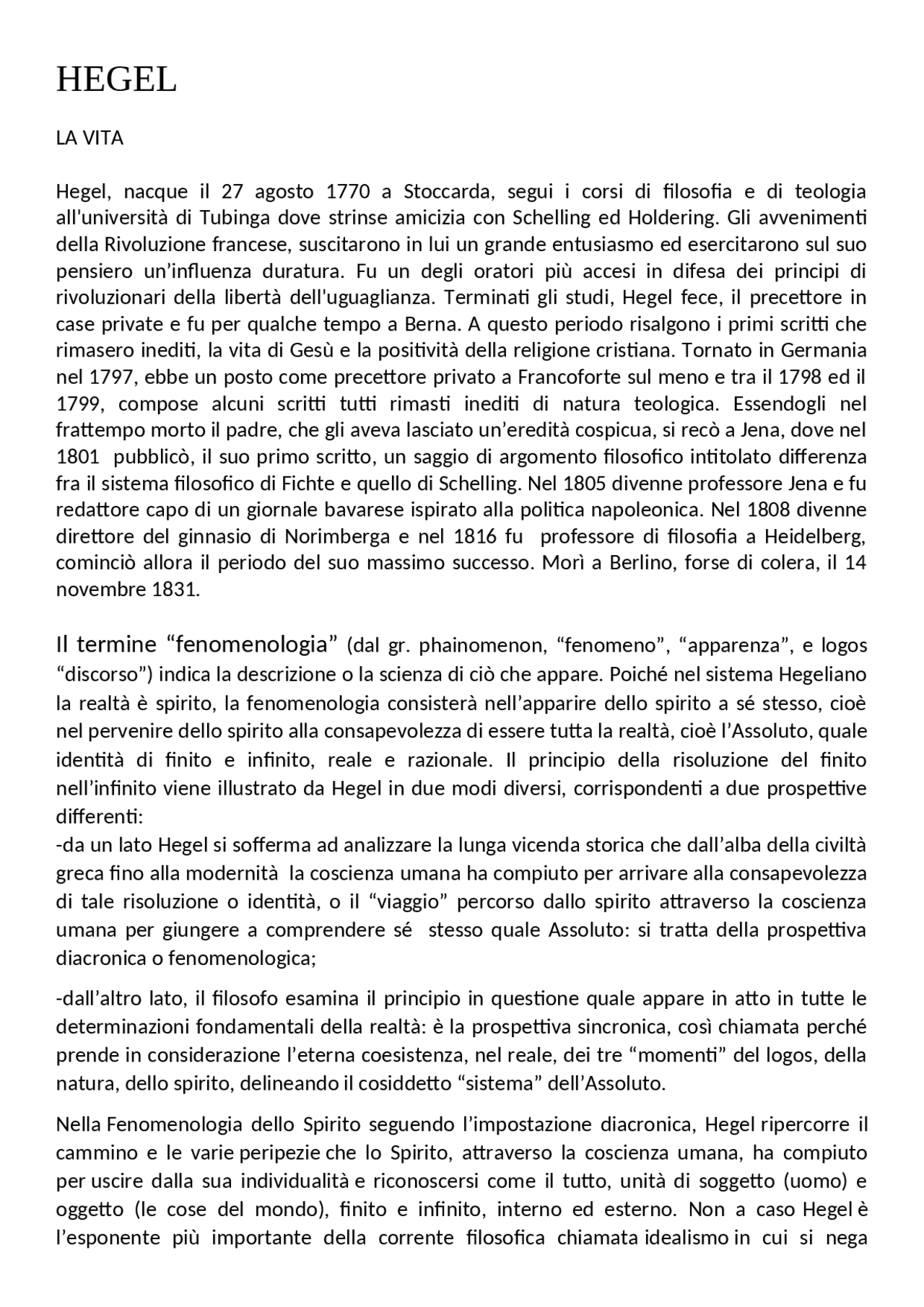 Hegel, vita,opere,pensiero filosofico - Docsity