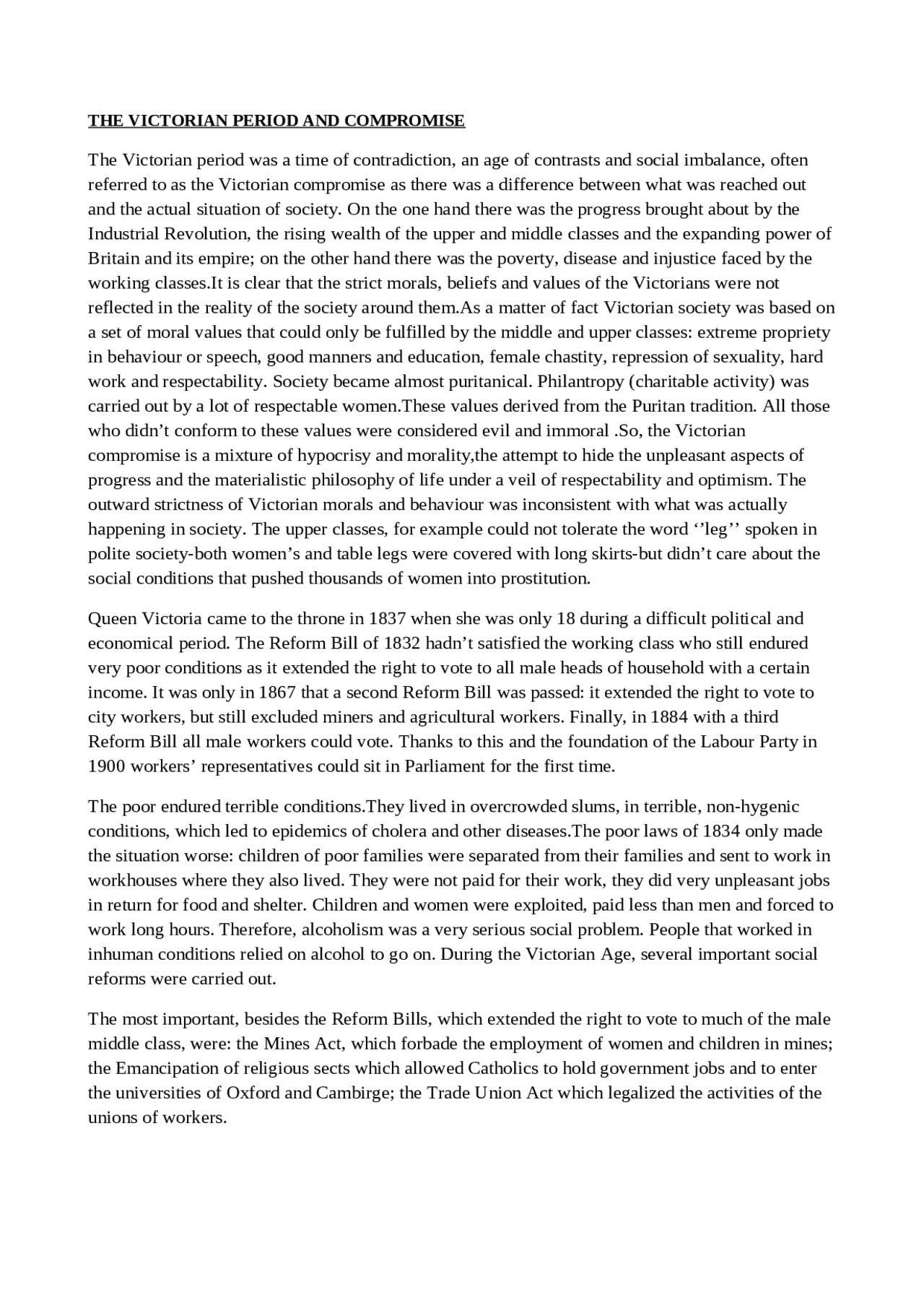 Victorian compromise, compresso vittoriano - Docsity