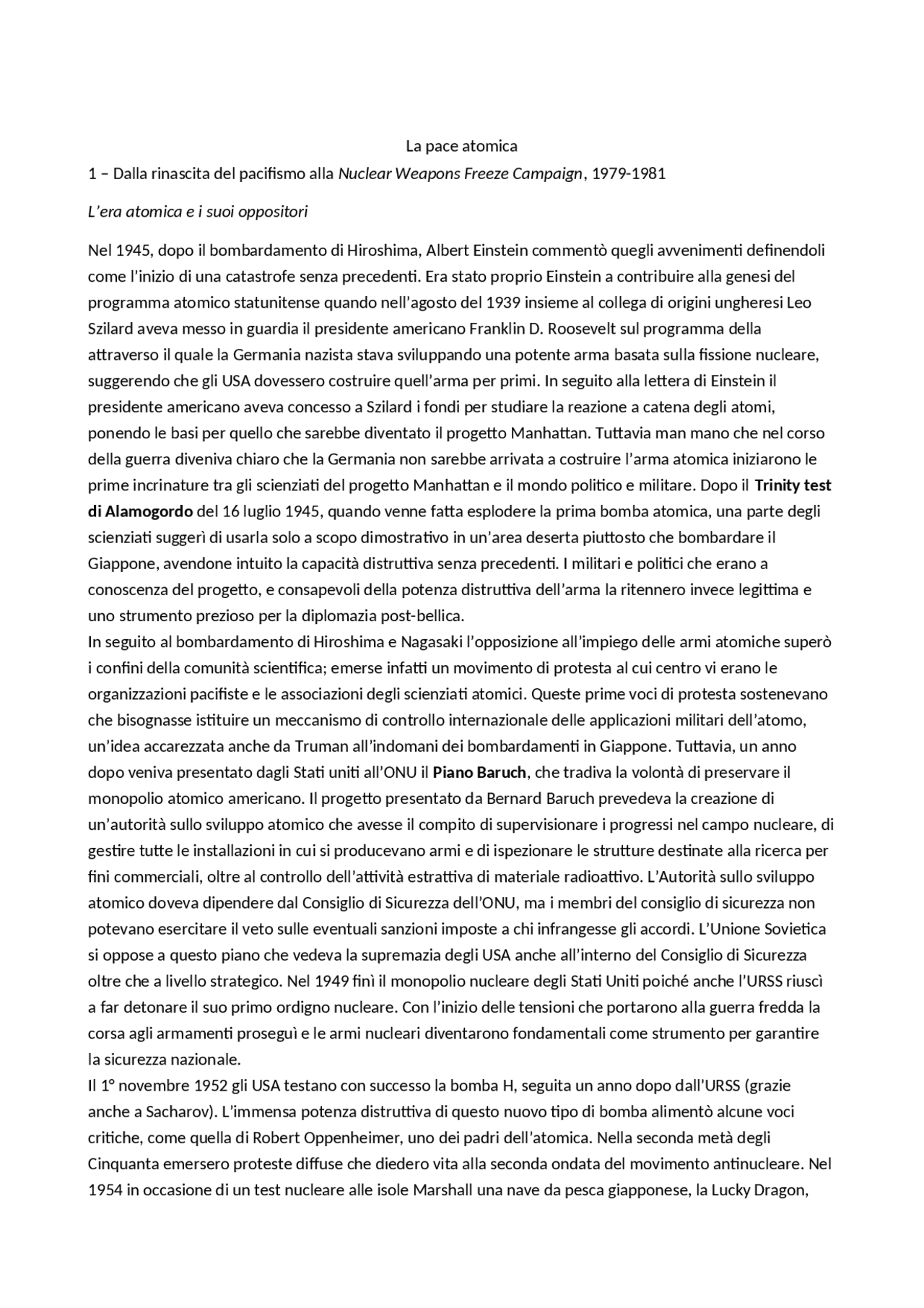 Riassunto Monografia La Pace Atomica Docsity