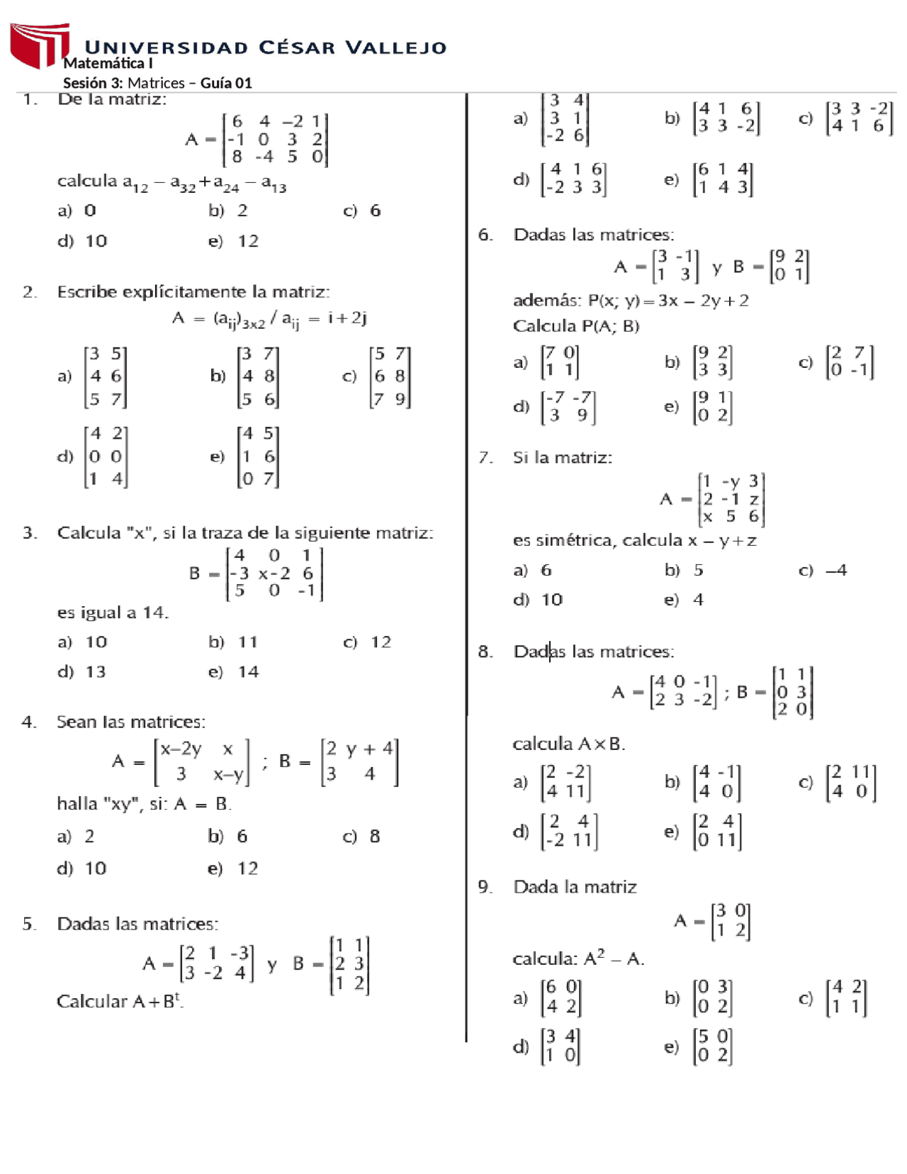 Ejercicios De Matrices Docsity