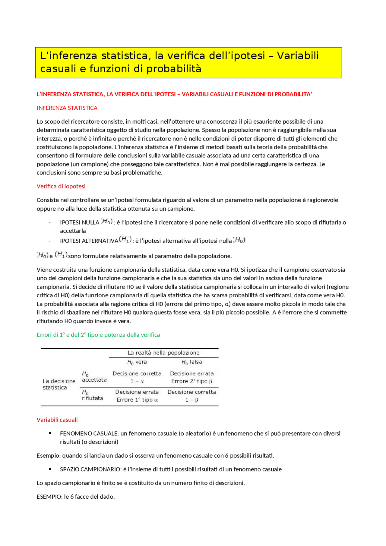 Inferenza Statistica E Verifica Dipotesi Docsity