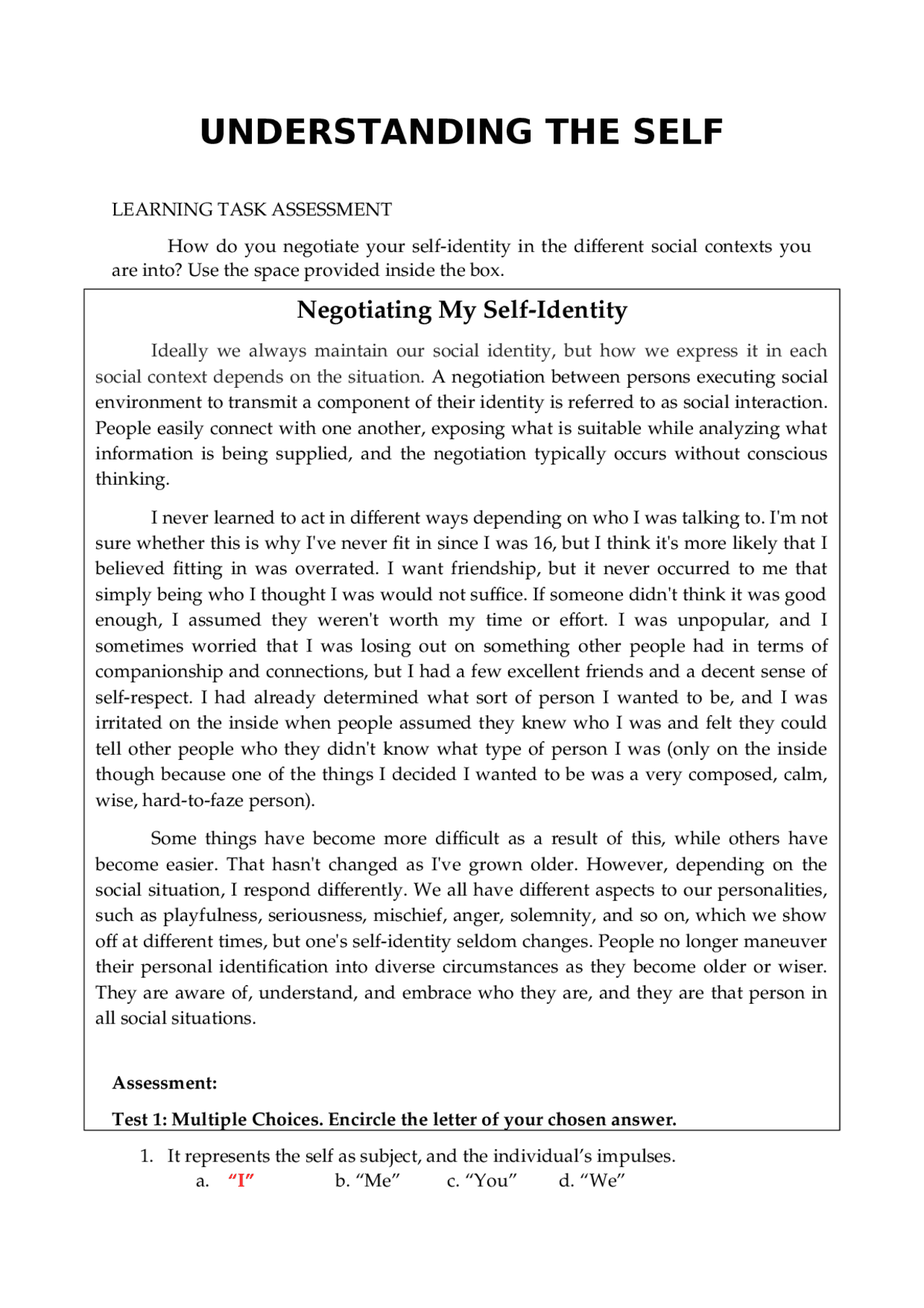 Understanding The Self Docsity