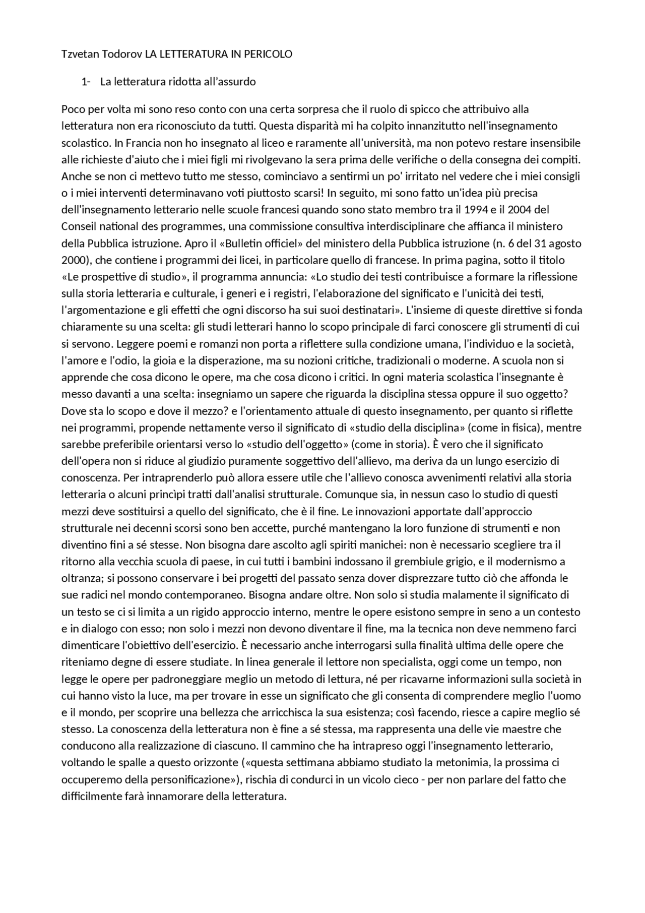 La Letteratura In Pericolo Todorov Docsity