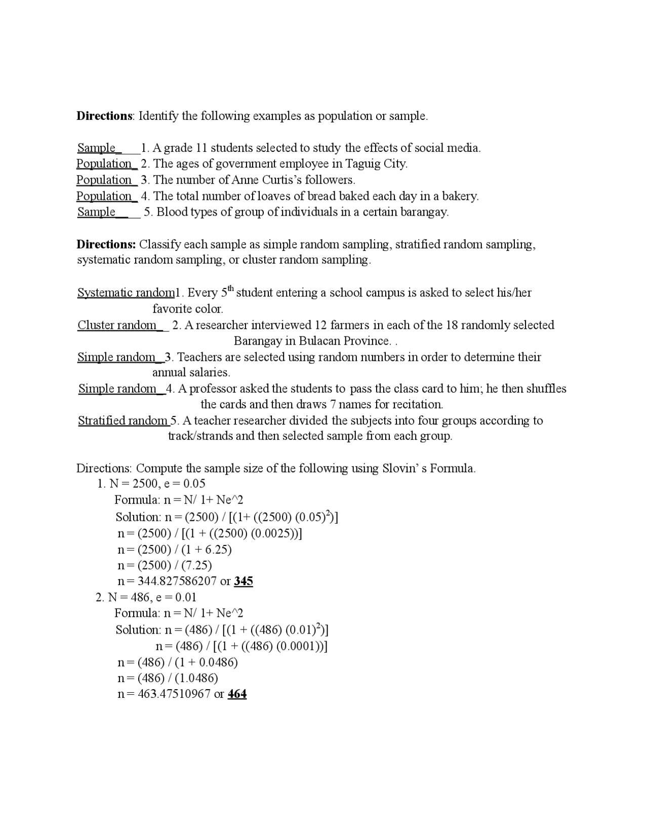 Population And Sample Exercises With Solution Docsity