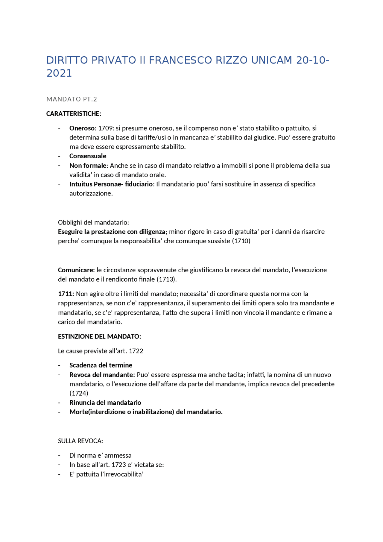 DIRITTO PRIVATO II FRANCESCO RIZZO UNICAM 20-10-2021 - Docsity