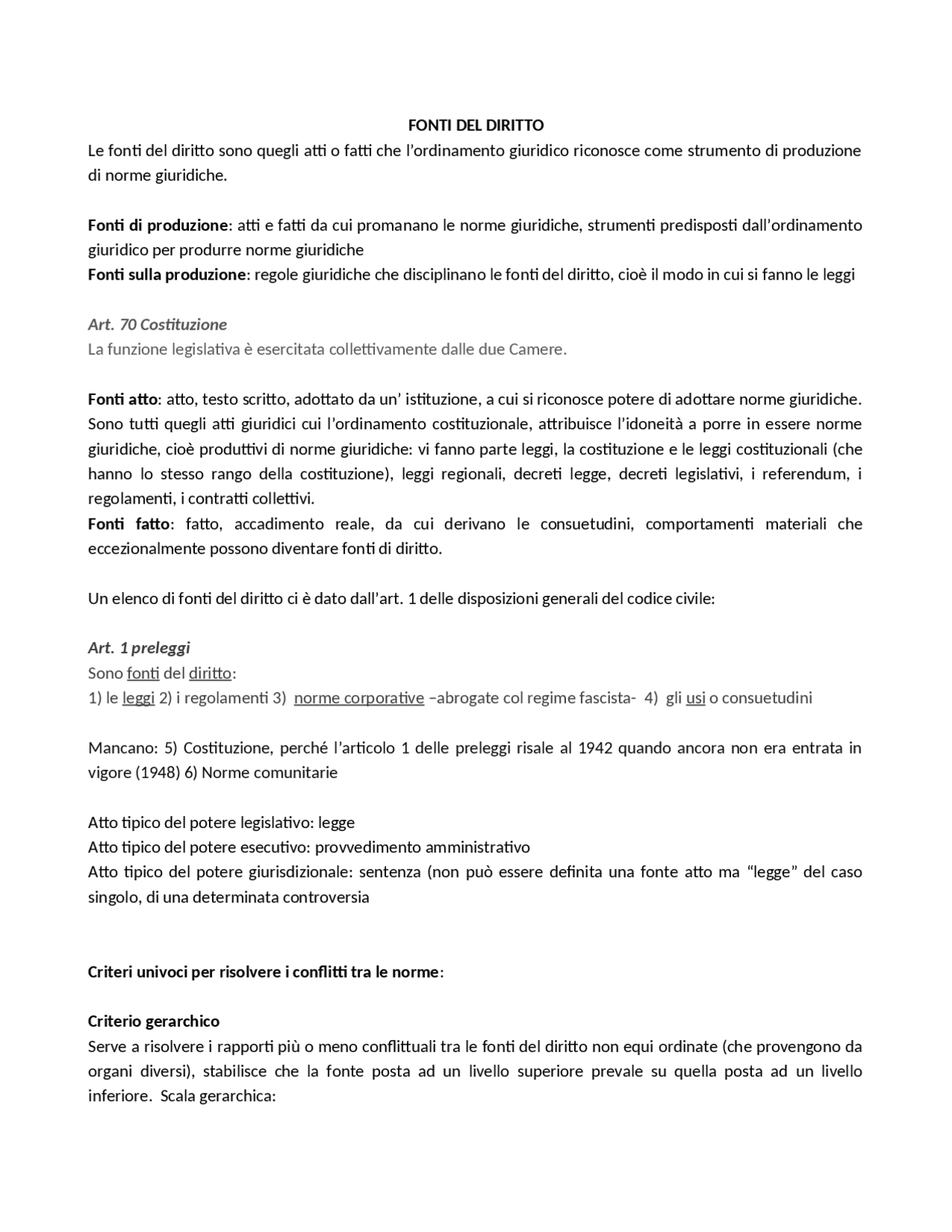 Le Fonti Del Diritto E I Criteri Univoci Per Risolvere I Conflitti Tra