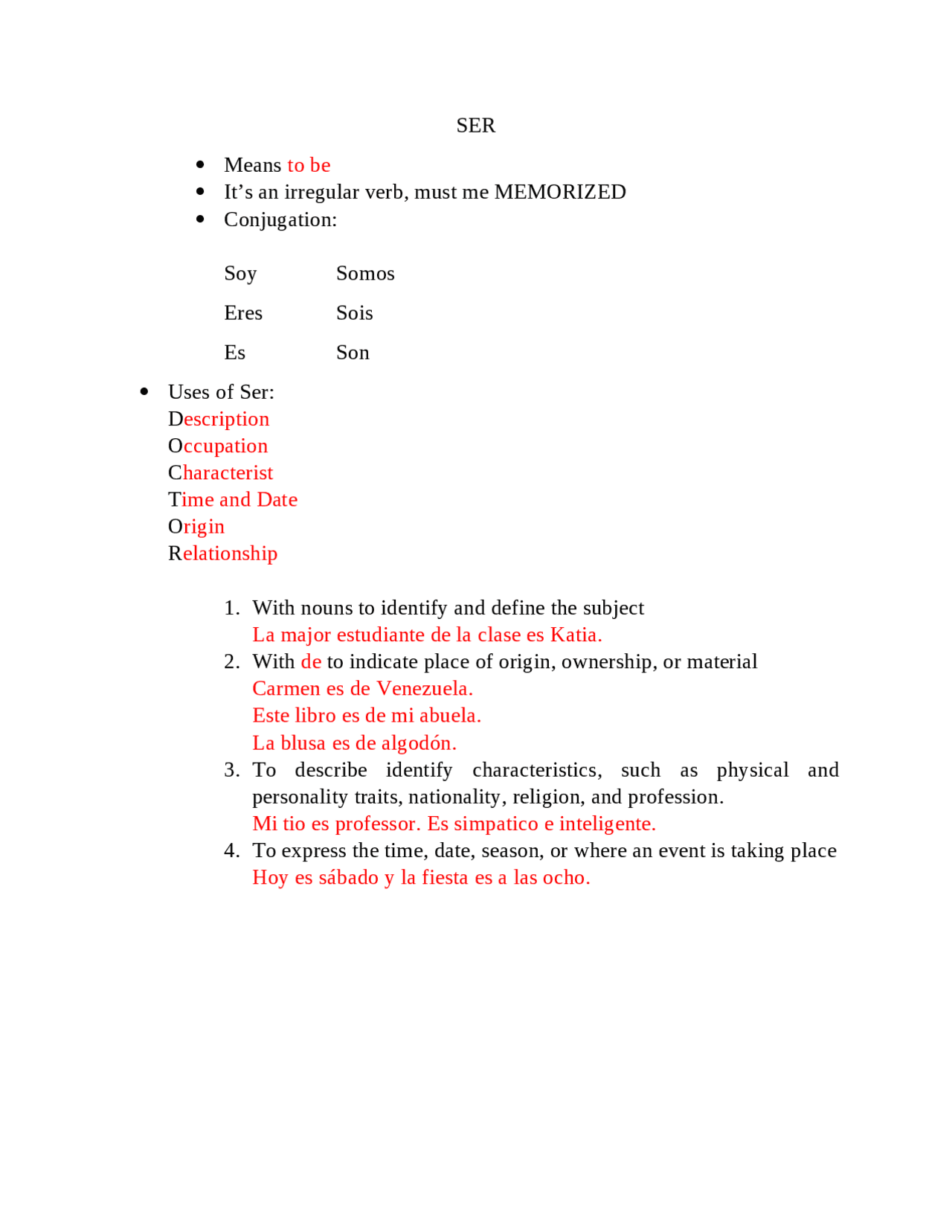 Ser Notes Spanish 1 Docsity