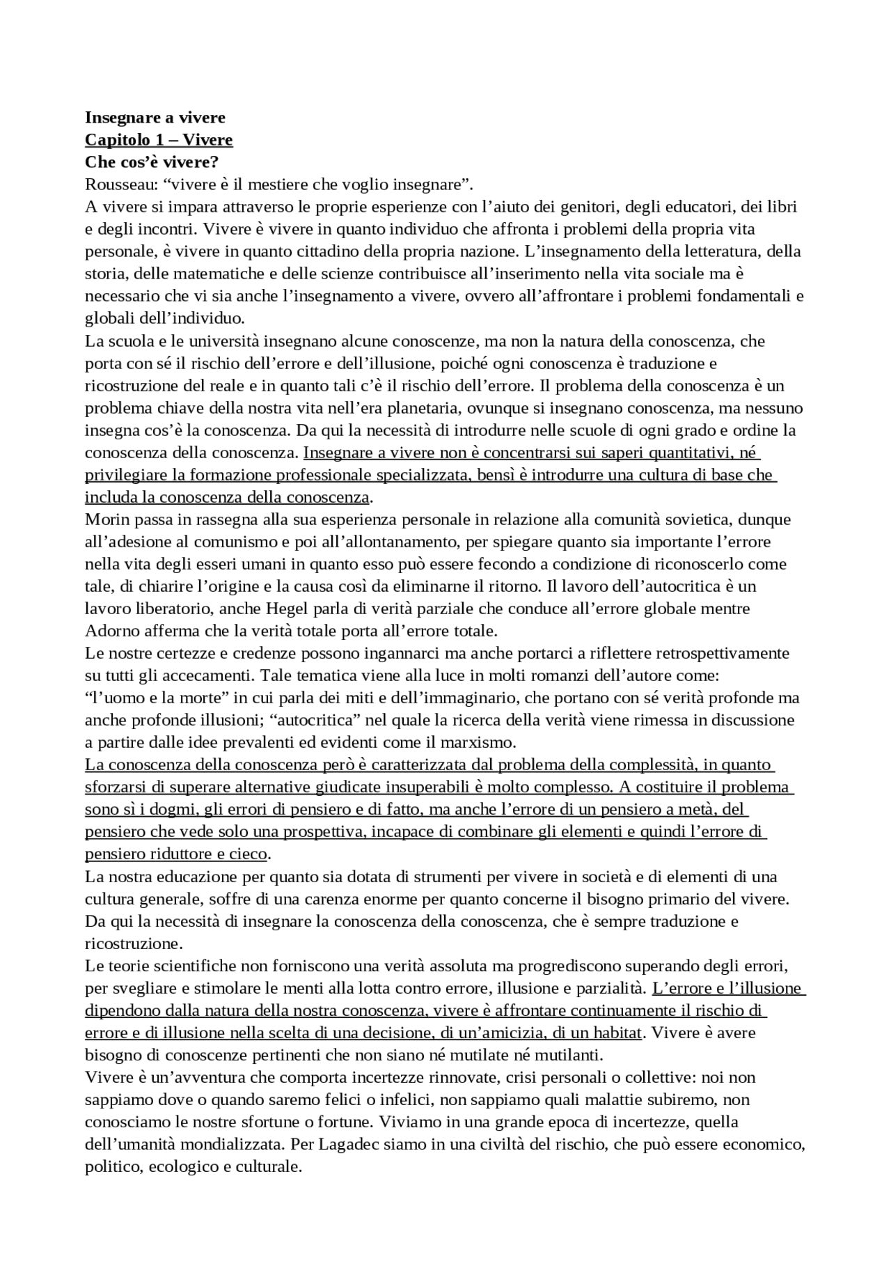 Riassunto Insegnare A Vivere Docsity