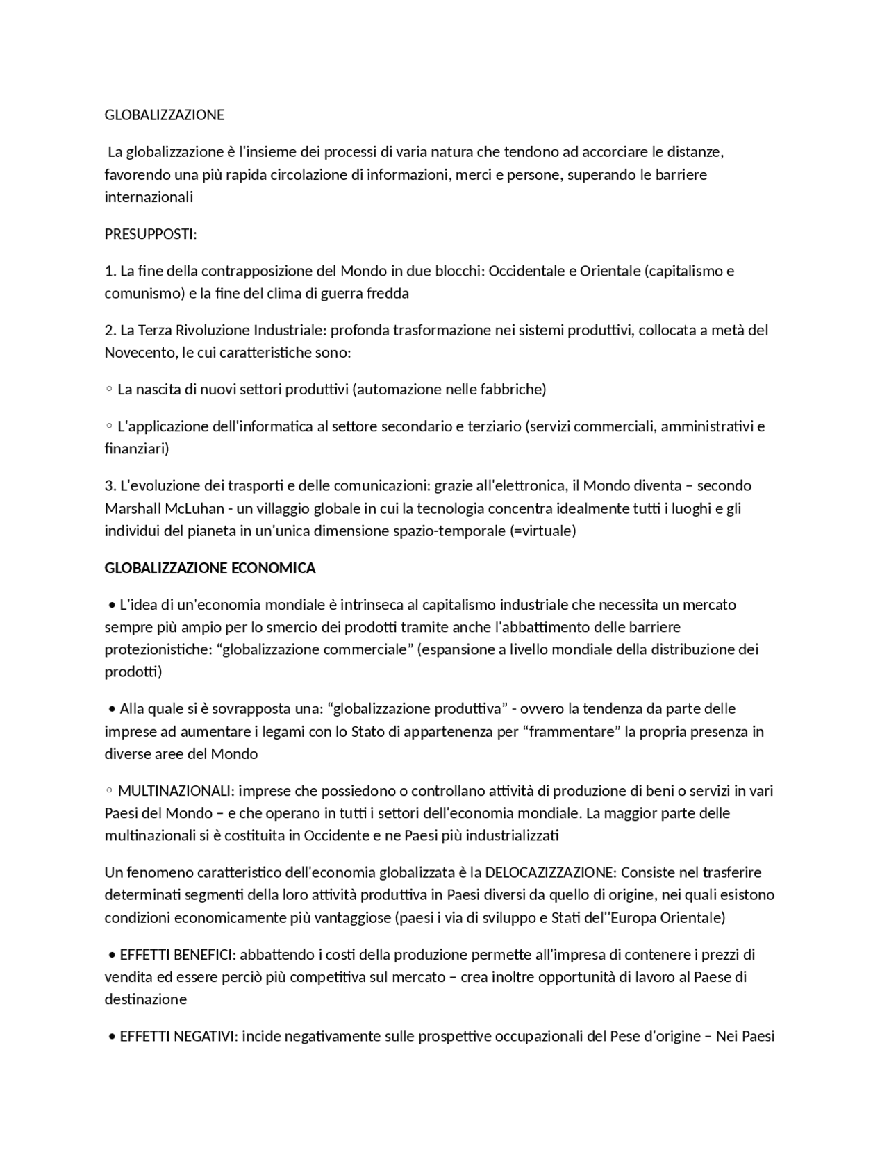 La Globalizzazione Riassunto Docsity