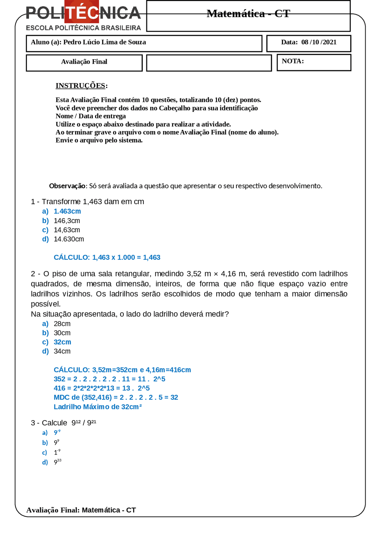 Atividade De Matematica Docsity