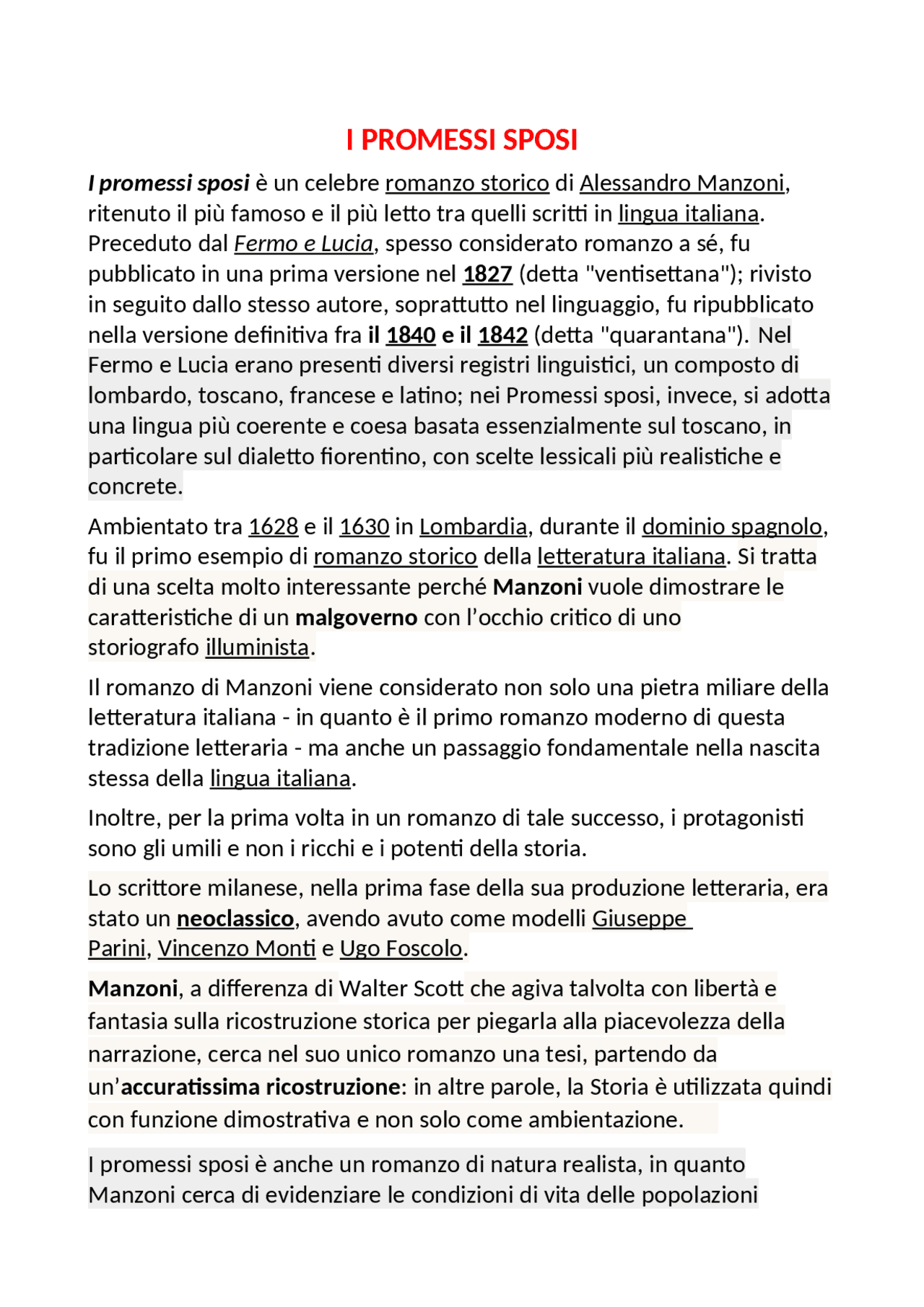 Appunti Sui Promessi Sposi Docsity