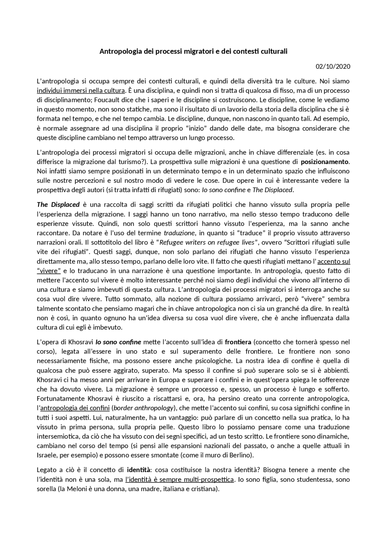 Appunti Di Antropologia Dei Processi Migratori E Dei Contesti Culturali