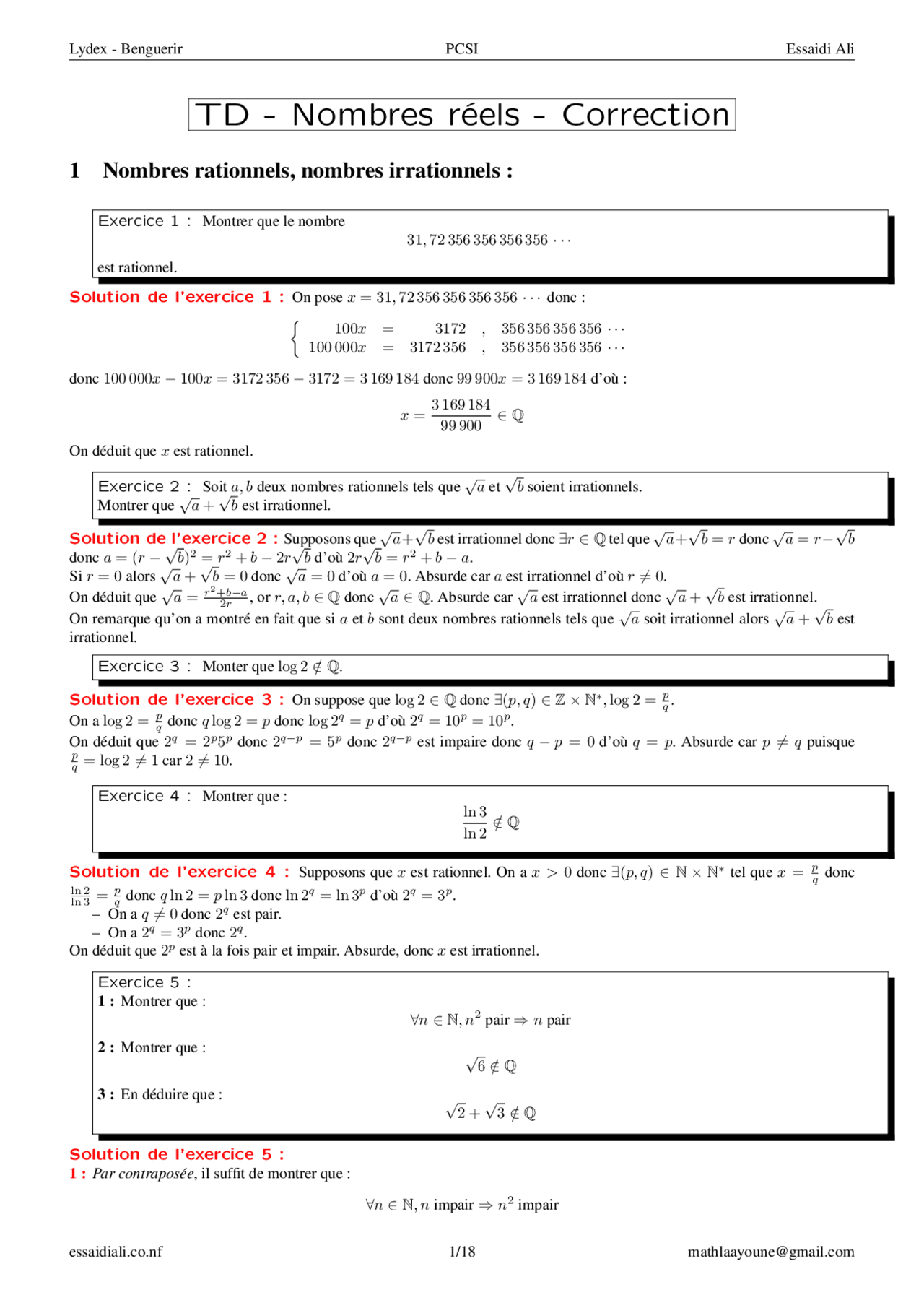 Nombre reel exercice corrige | Exercises Mathematics | Docsity