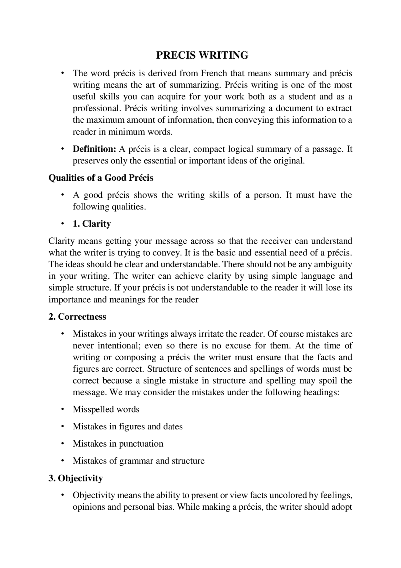 Precis writing and main point - Docsity