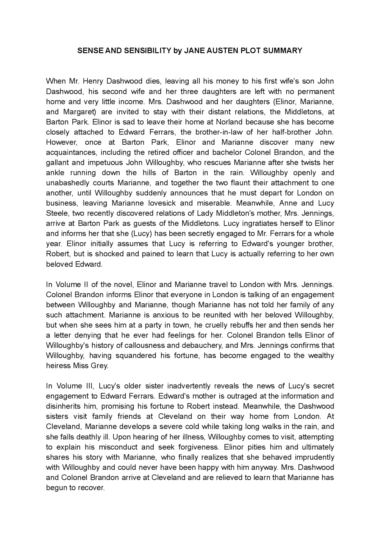 Sense And Sensibility Summary Docsity