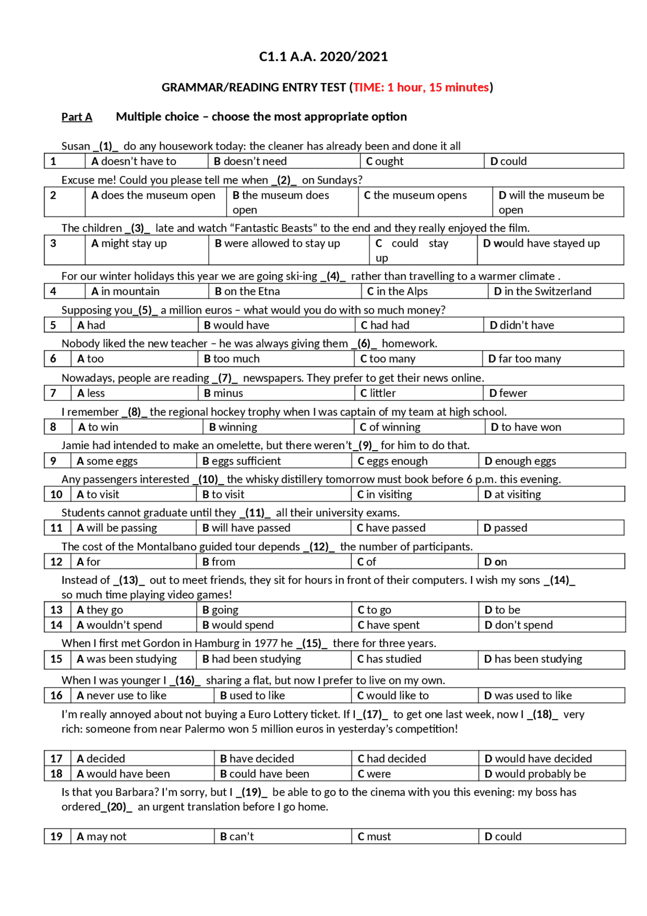 C1.1 entry test, inglese - Docsity