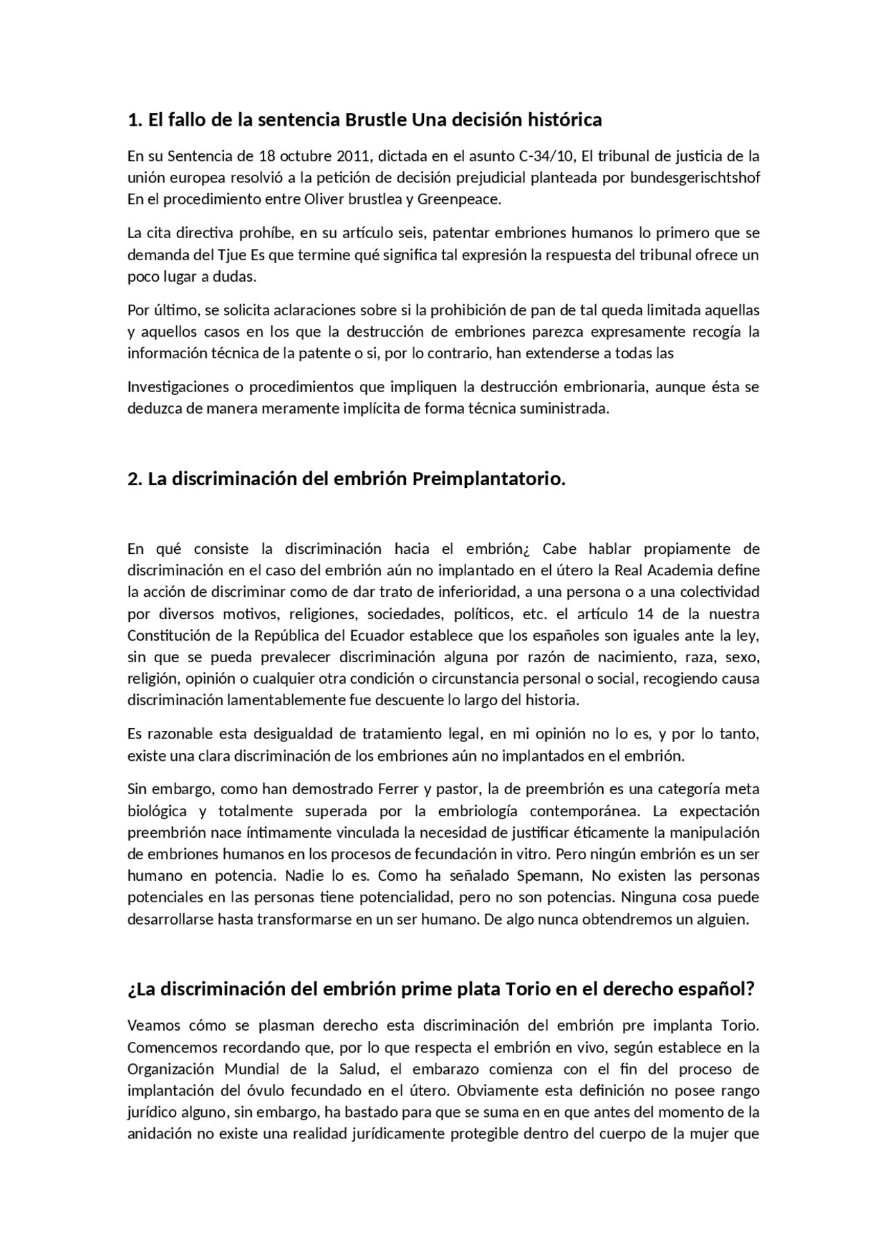 El caso brustle v. Greenpeace discriminacion de los embriones - Docsity