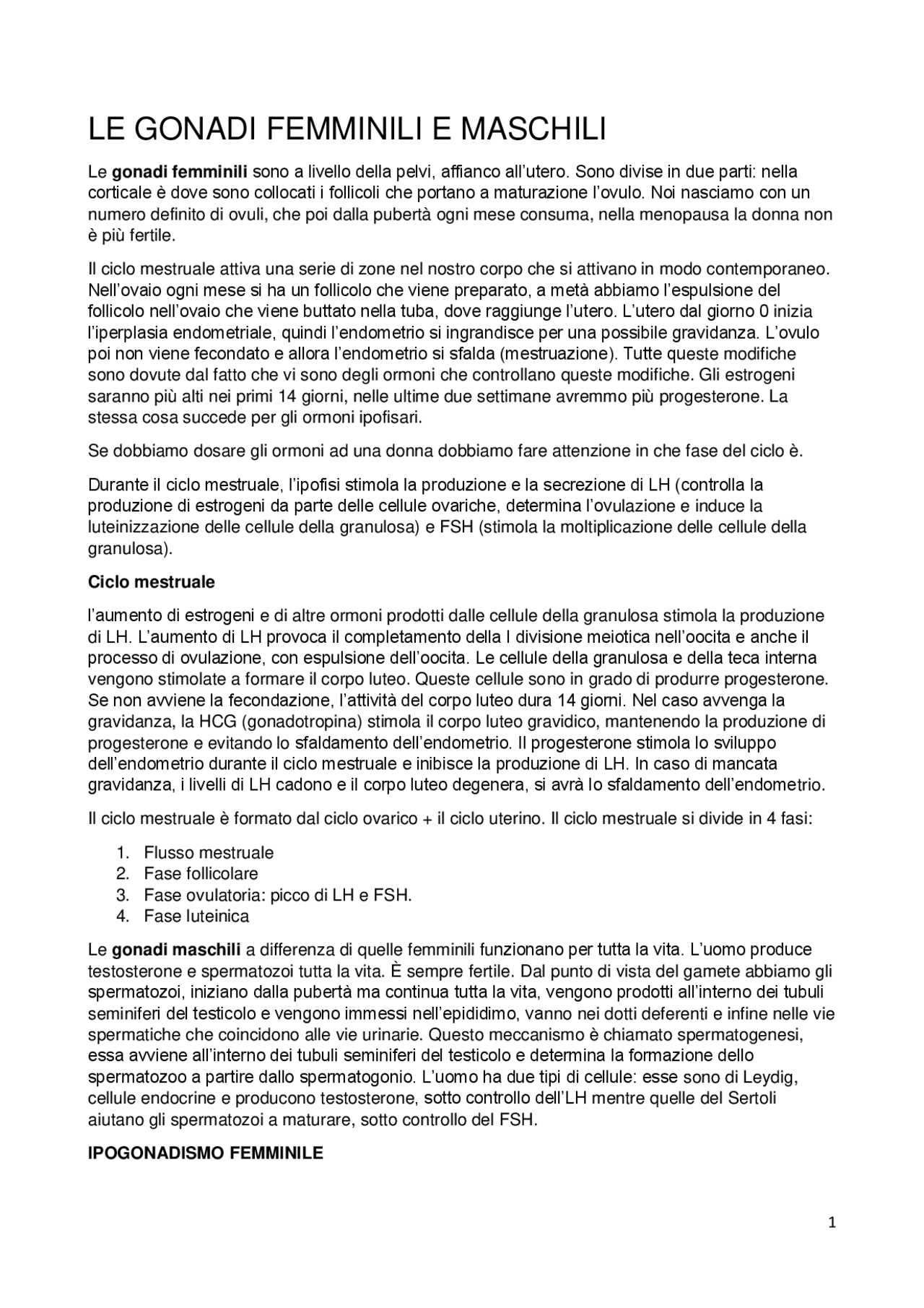 ENDOCRINOLOGIA - LE GONADI FEMMINILI E MASCHILI - Docsity