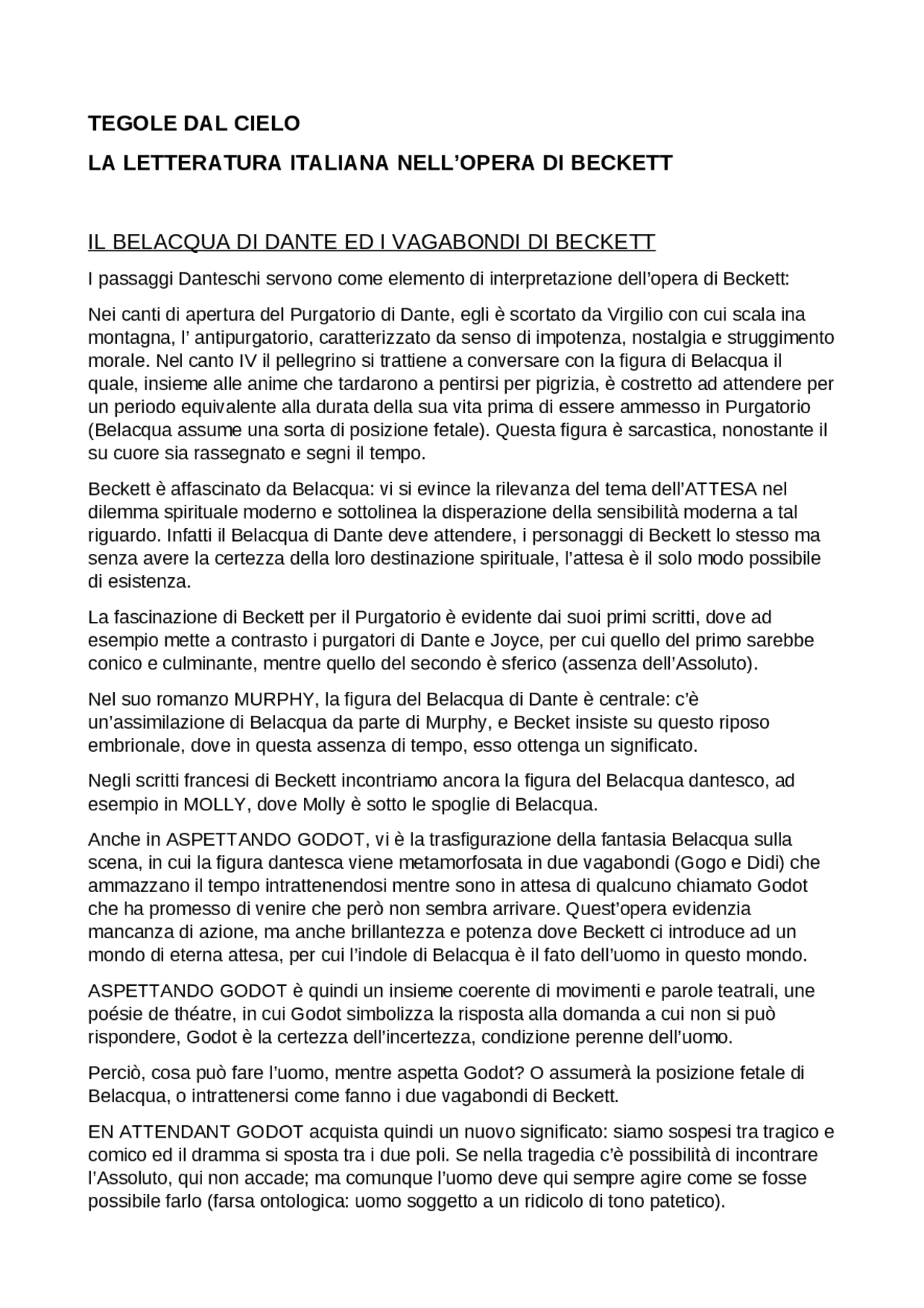 Riassunto Tegole Dal Cielo Cascetta Docsity