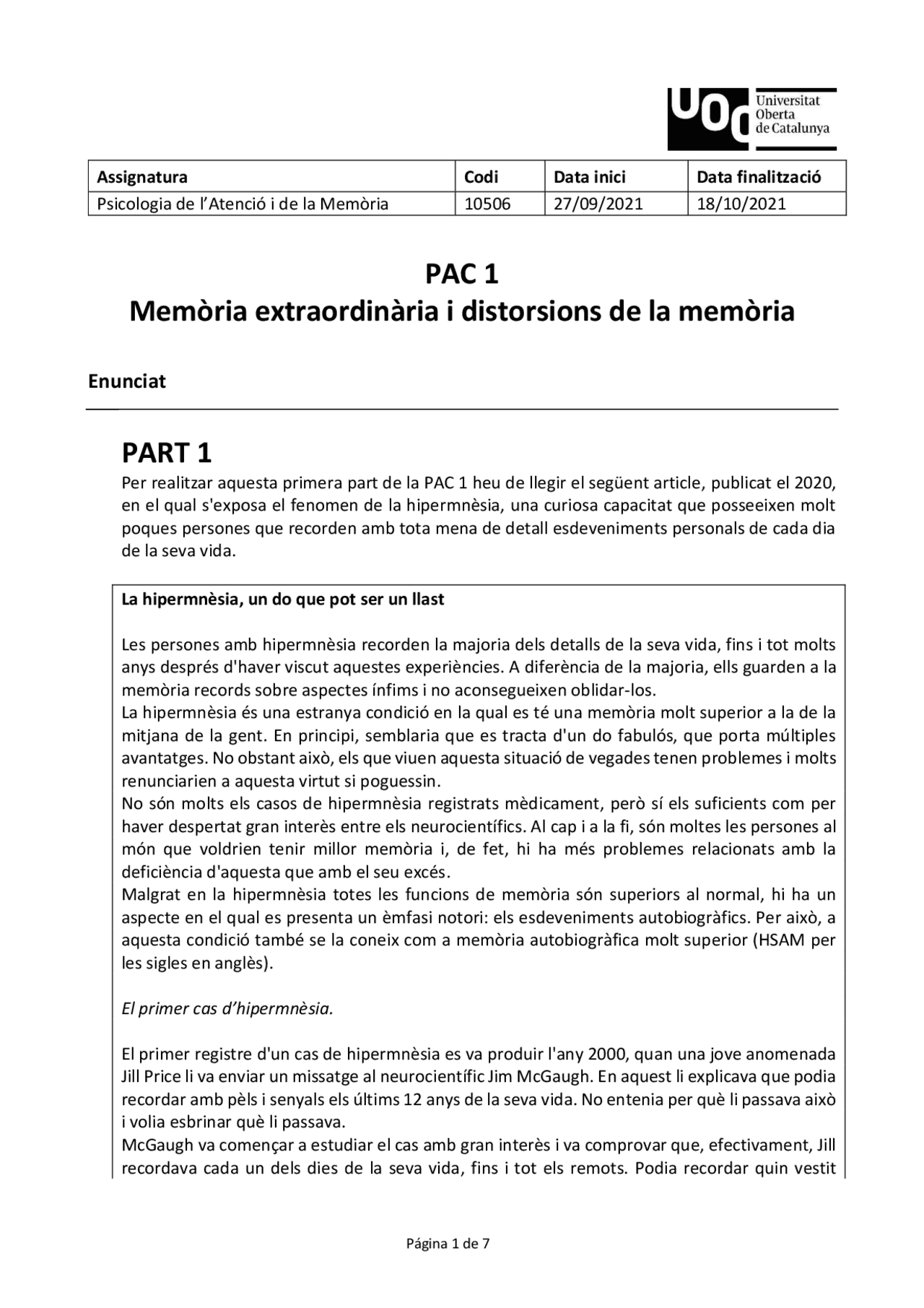 Anunciado De La Pac 1 Ejercicios De Psicología Docsity