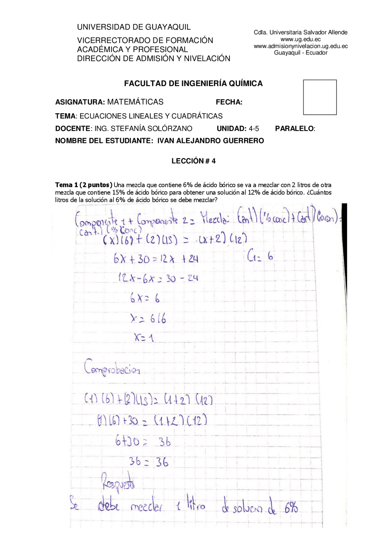 Leccion De Nivelacion Ejercicios De Matemáticas Docsity