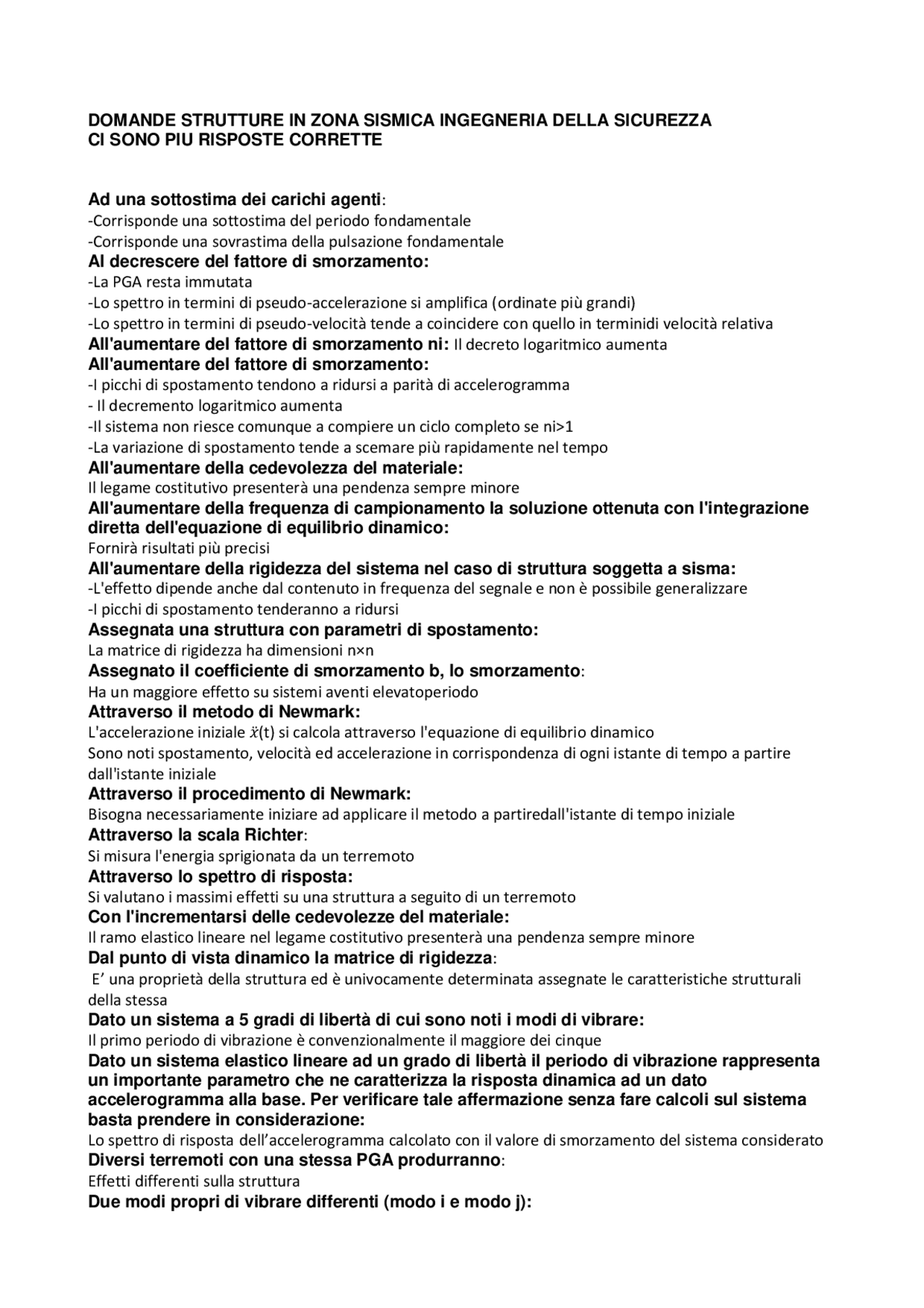 Domande Strutture In Zona Sismica Ingegneria Della Sicurezza Panieri
