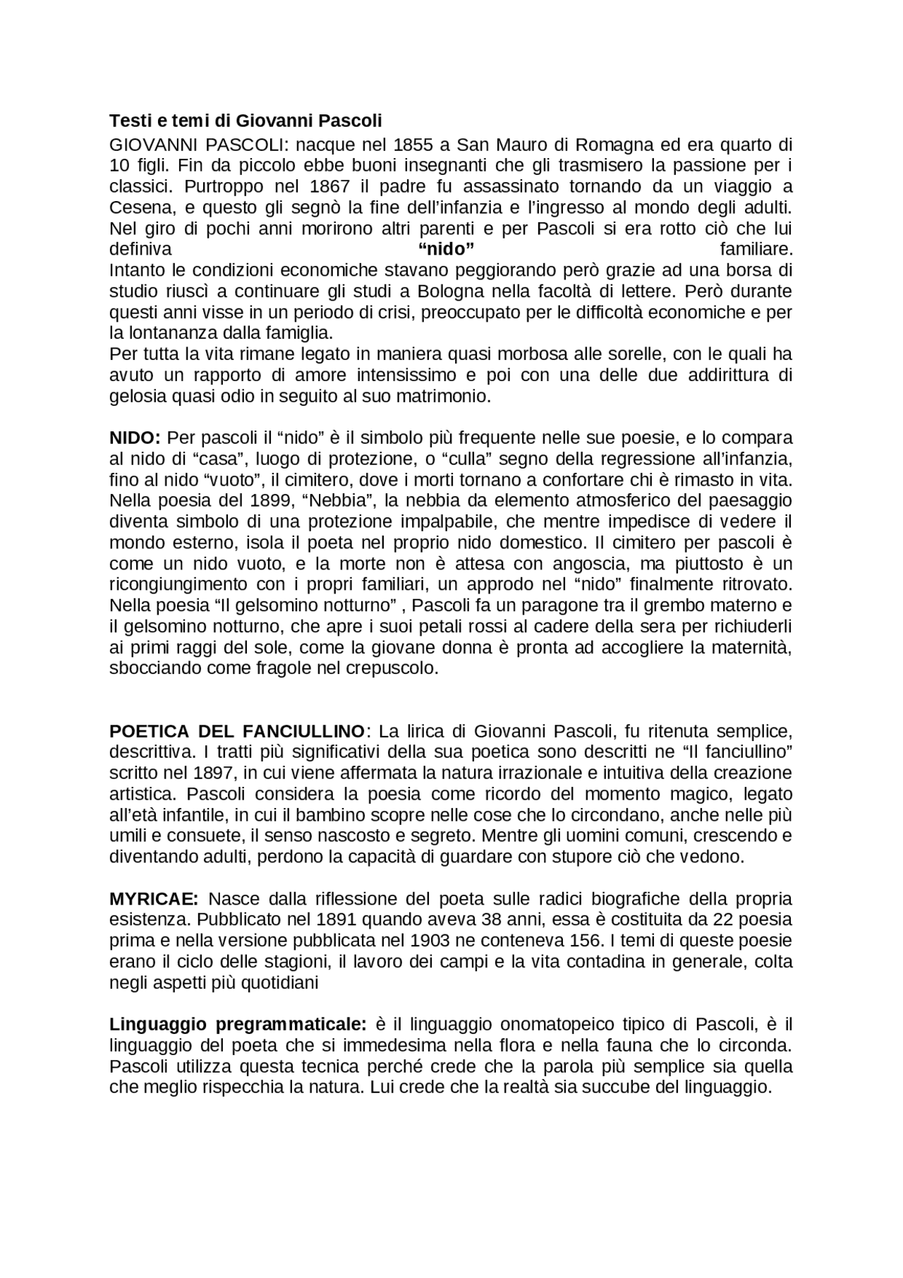 Giovanni Pascoli Maturità Docsity