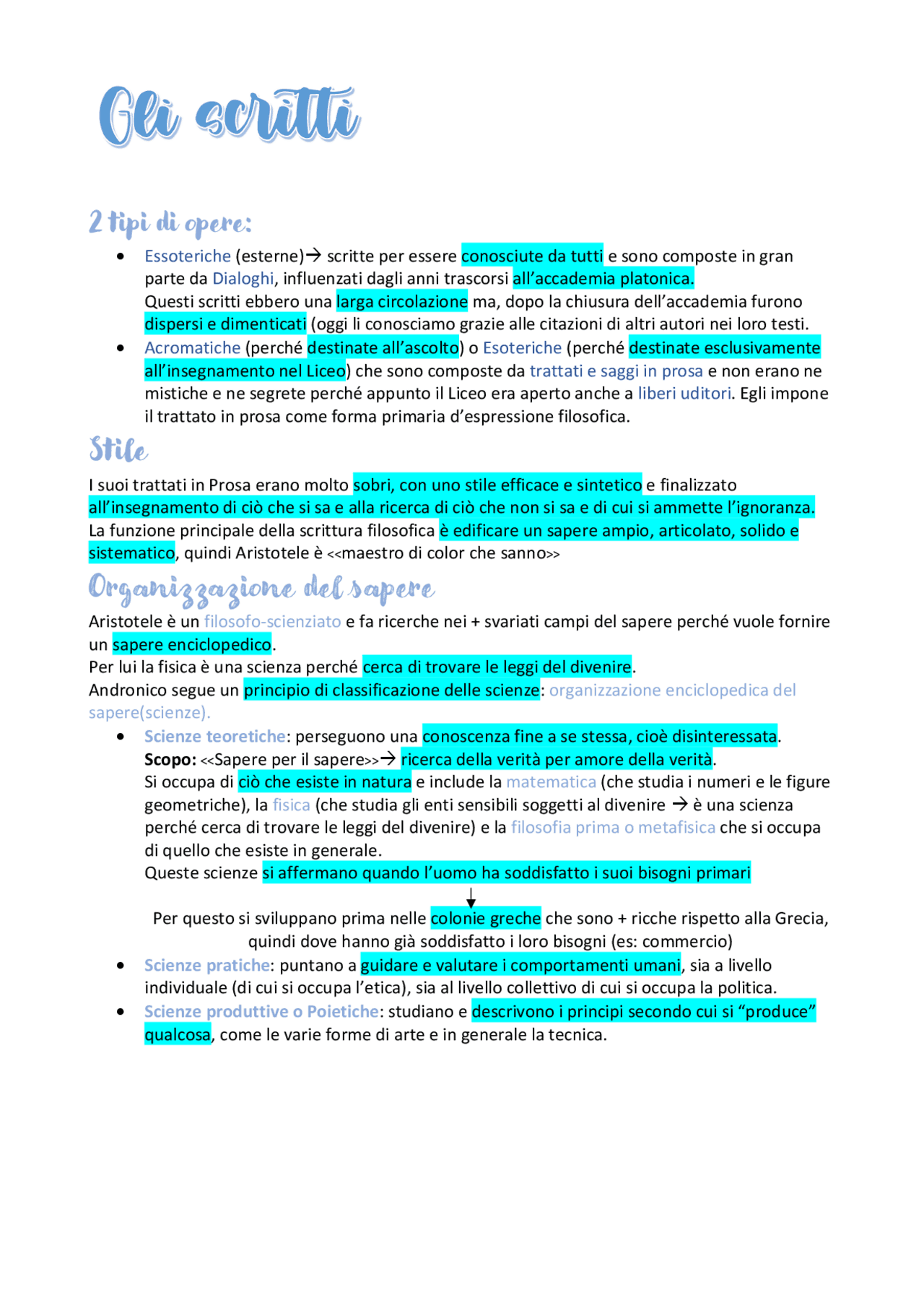 Aristotele Concetti Principali Docsity