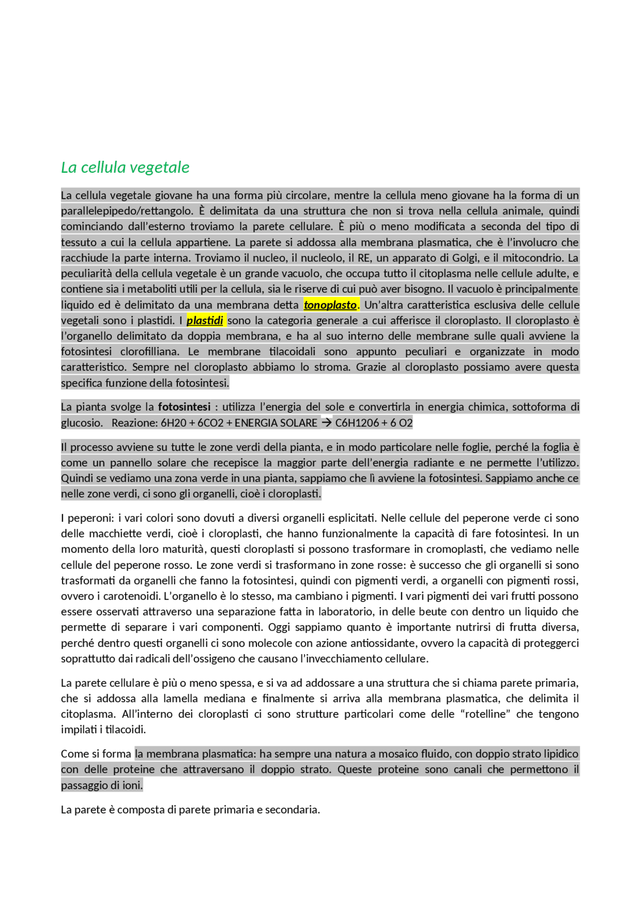 La Cellula Vegetale Docsity