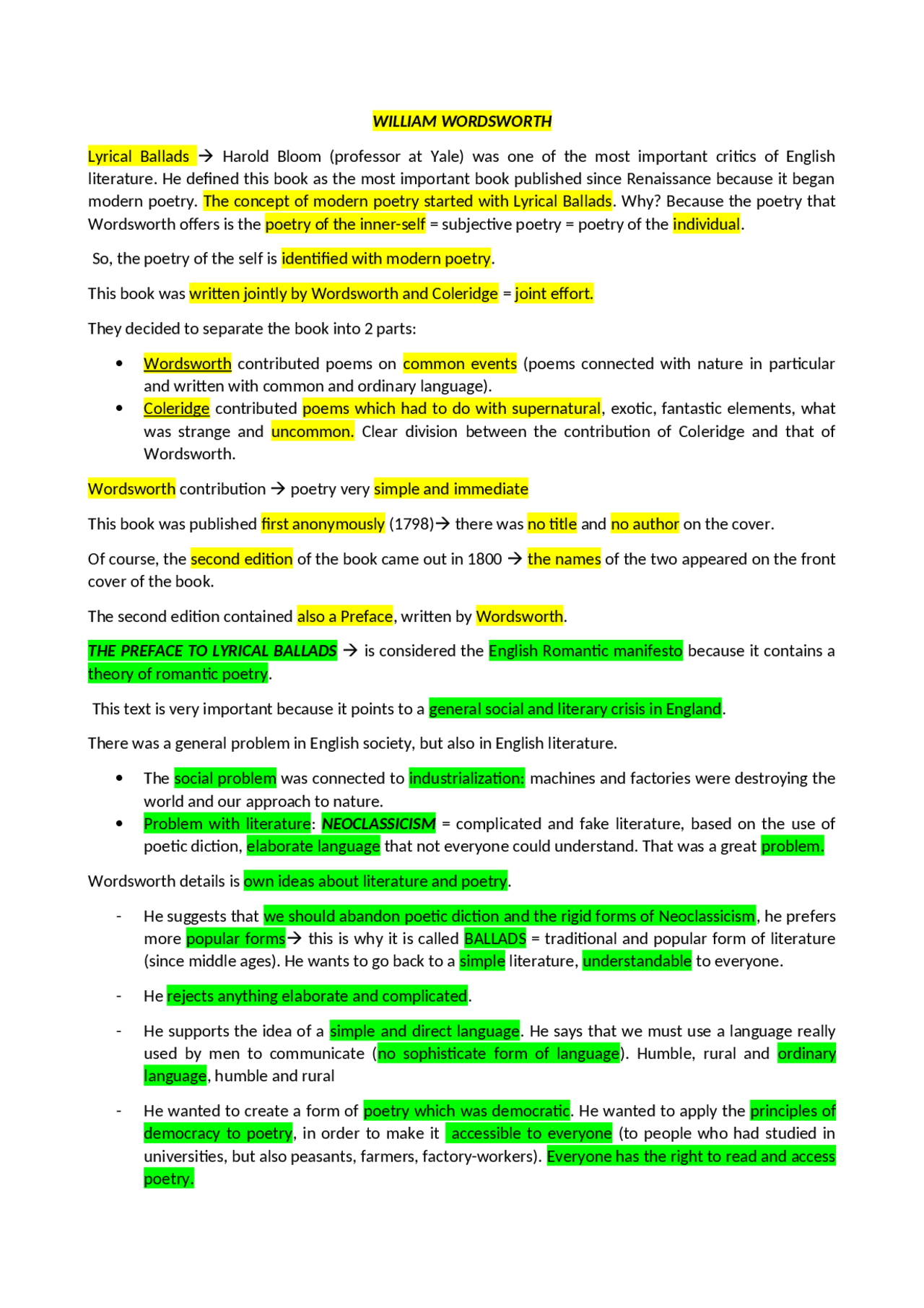 Appunti In Inglese Su William Wordsworth Docsity