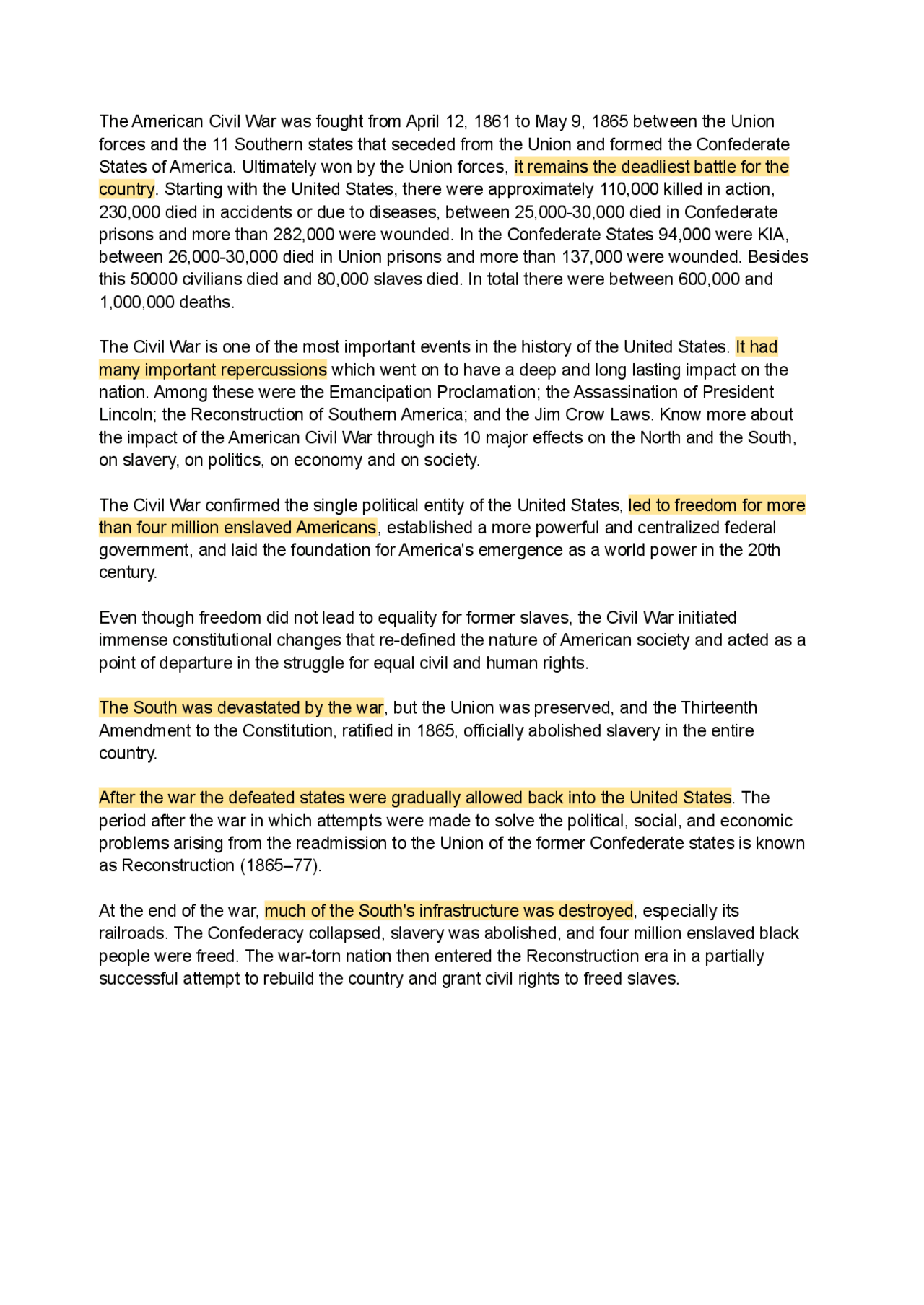 Consequences of the American Civil War - Docsity