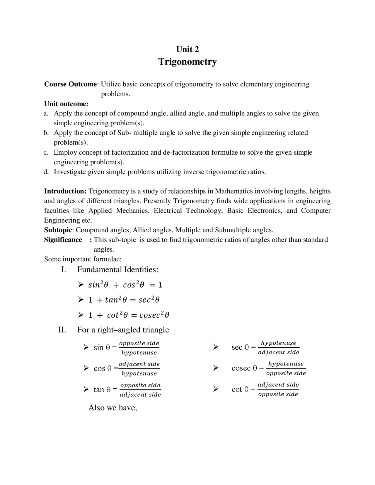 Trigonometry book notes - Docsity