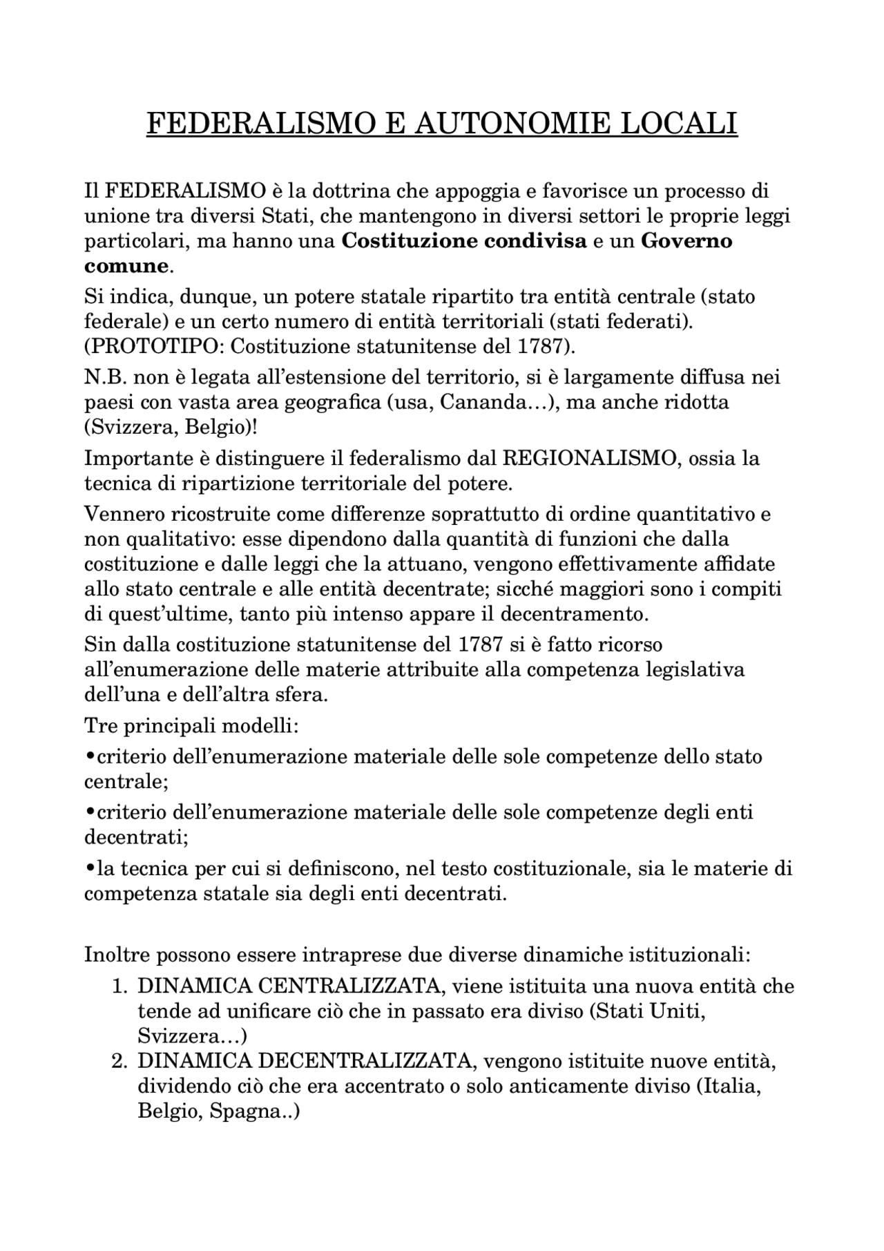Federalismo E Autonomie Locali Docsity