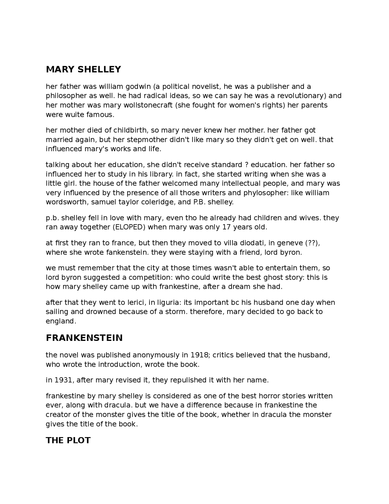 Vita di mary shelley e analisi frankenstein - Docsity