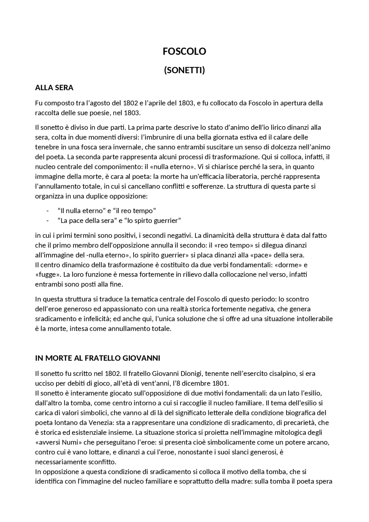 Sonetti Principali Di Foscolo Docsity