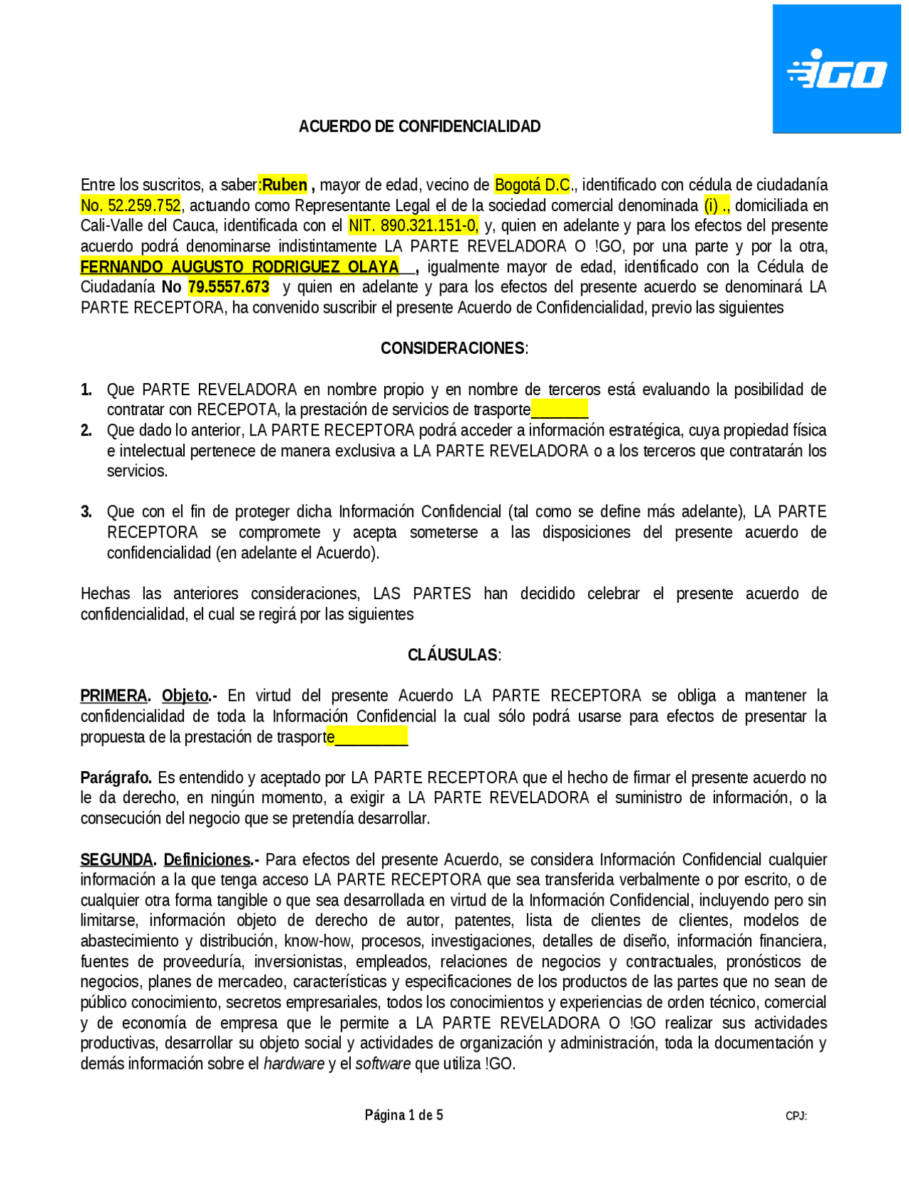 Acuerdo de Confidencialidad entre Ruben y Fernando Augusto Rodriguez ...