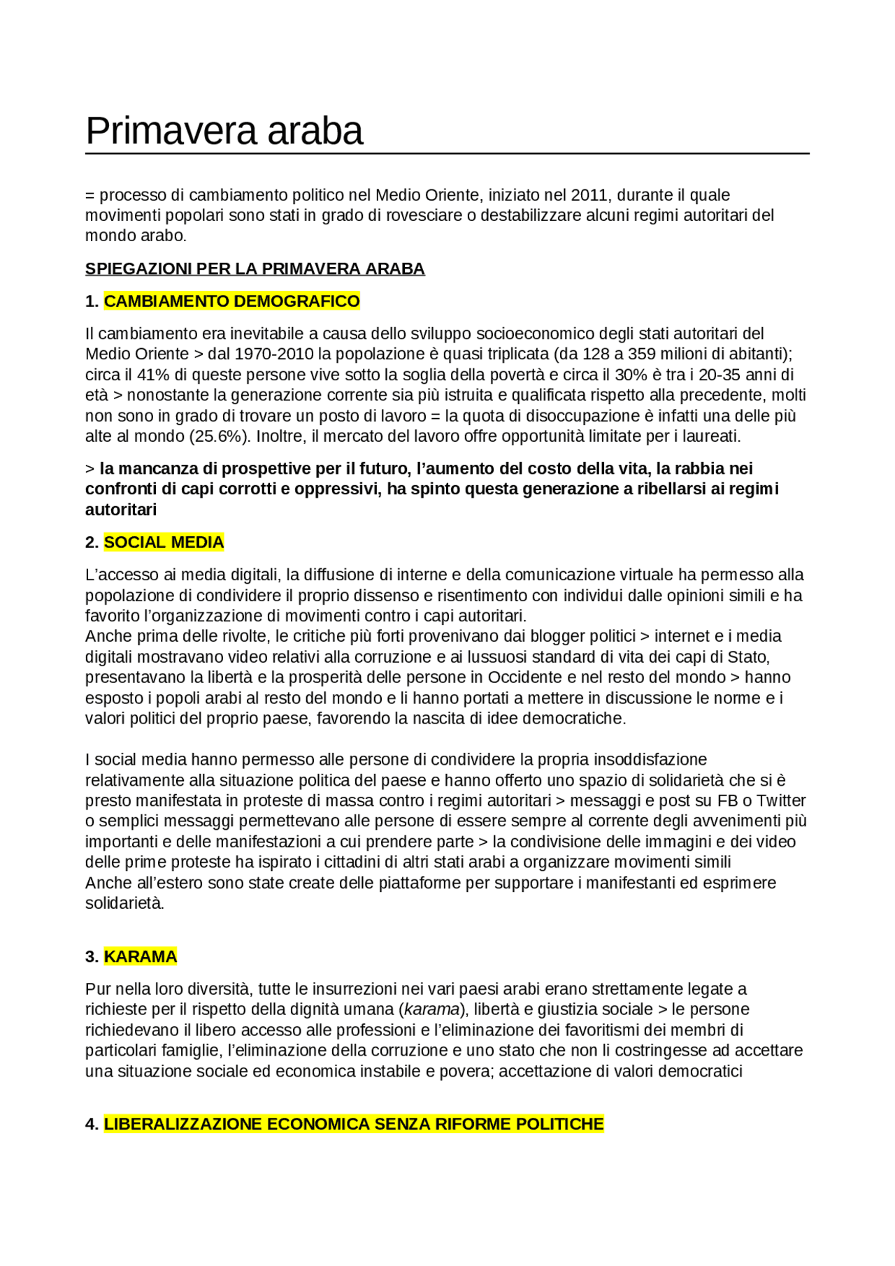 Lo scoppio delle primavere arabe - Docsity