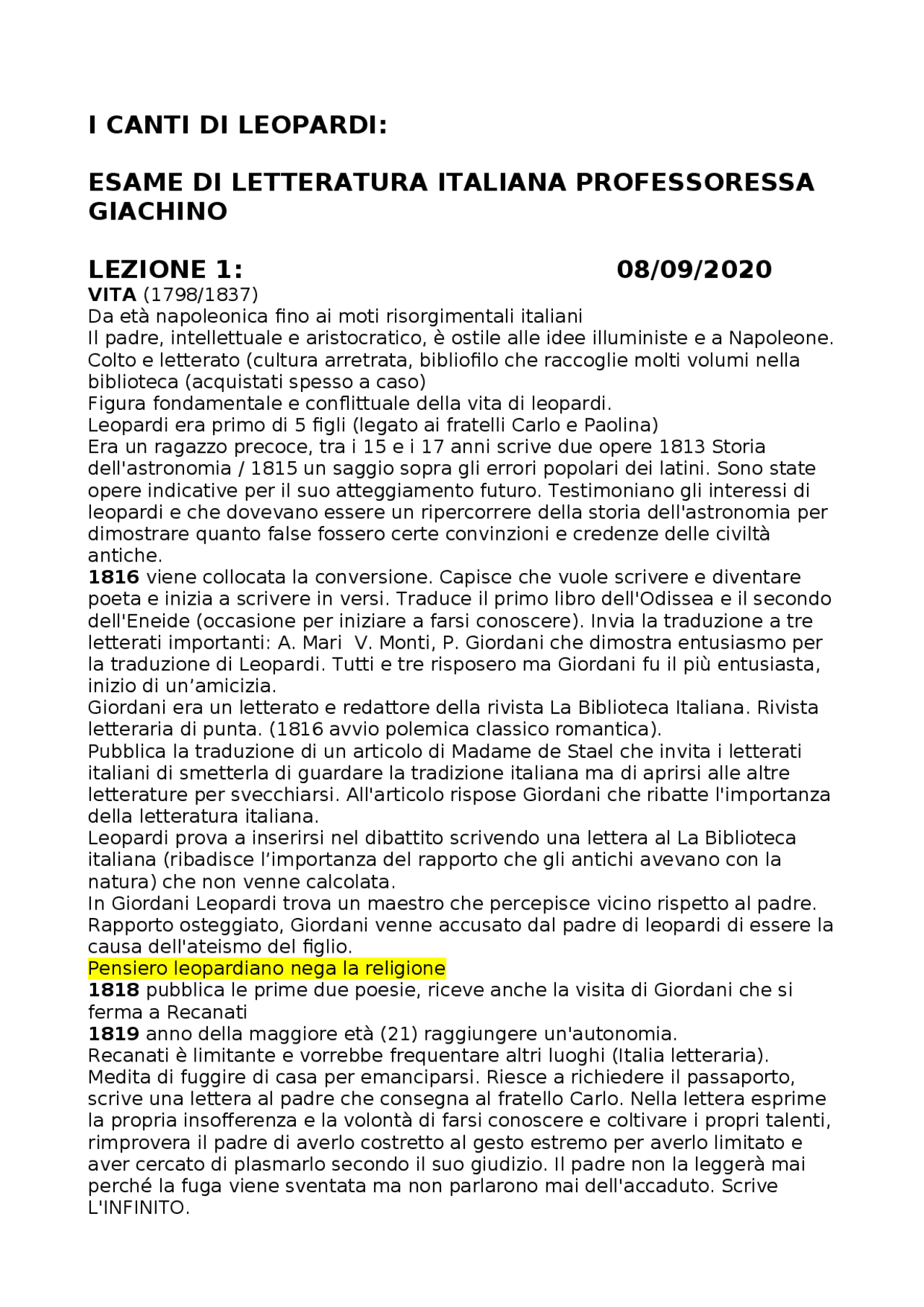 Canti Di Leopardi Analizzati A Lezione Docsity