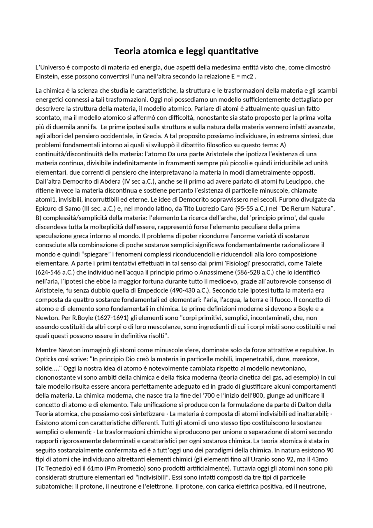 Teoria Atomica E Leggi Quantitative Docsity