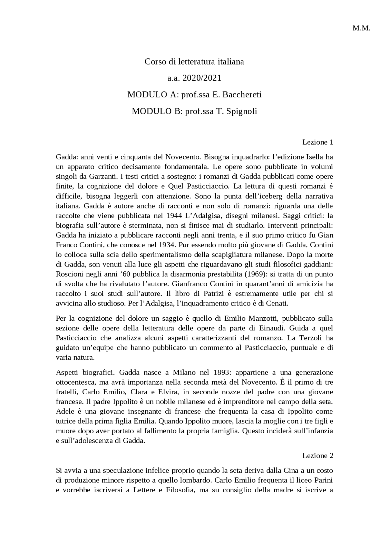 Lezioni Su Gadda E Sui Romanzi La Cognizione Del Dolore E Quer