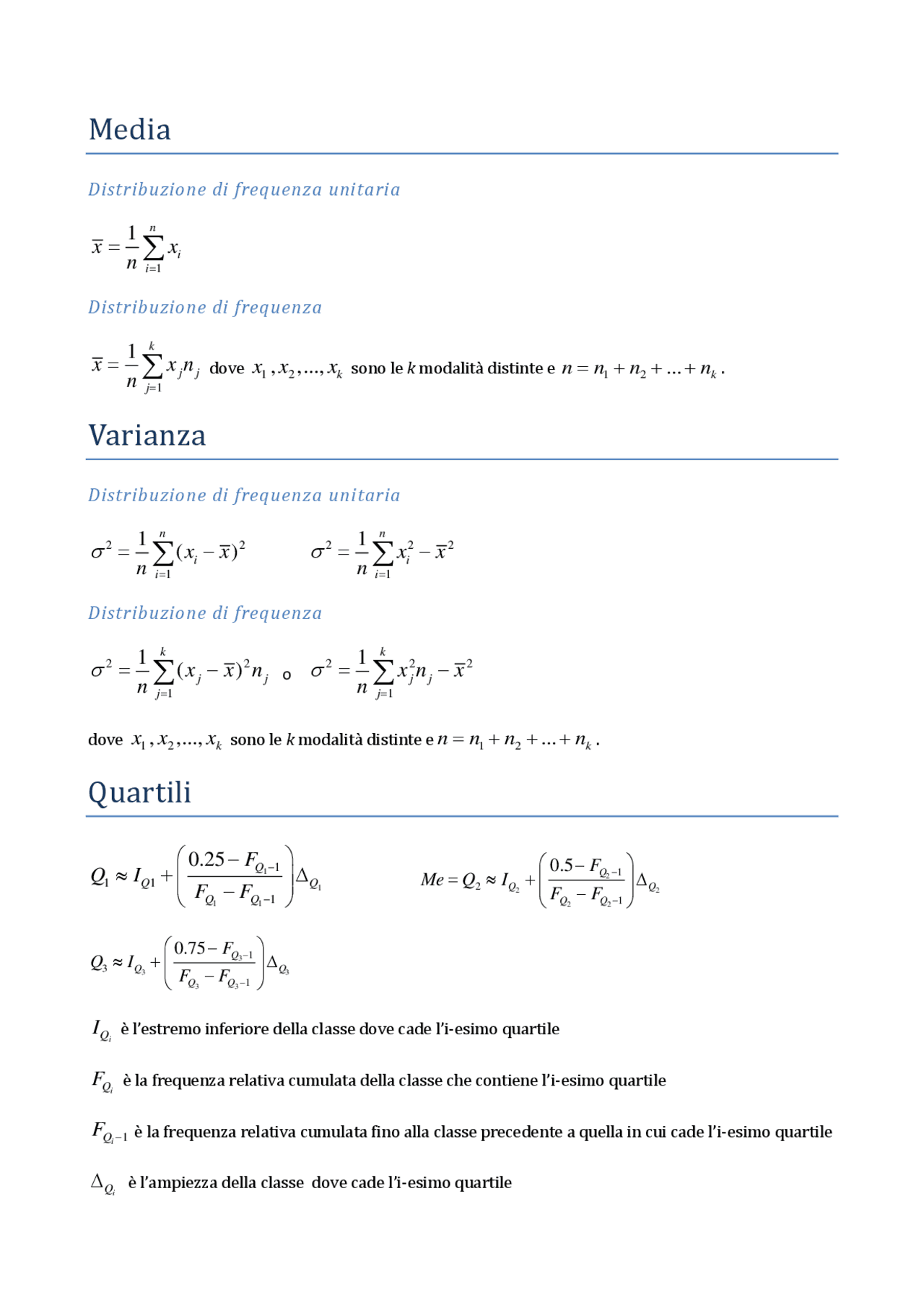 Formulario Di Statistica Docsity