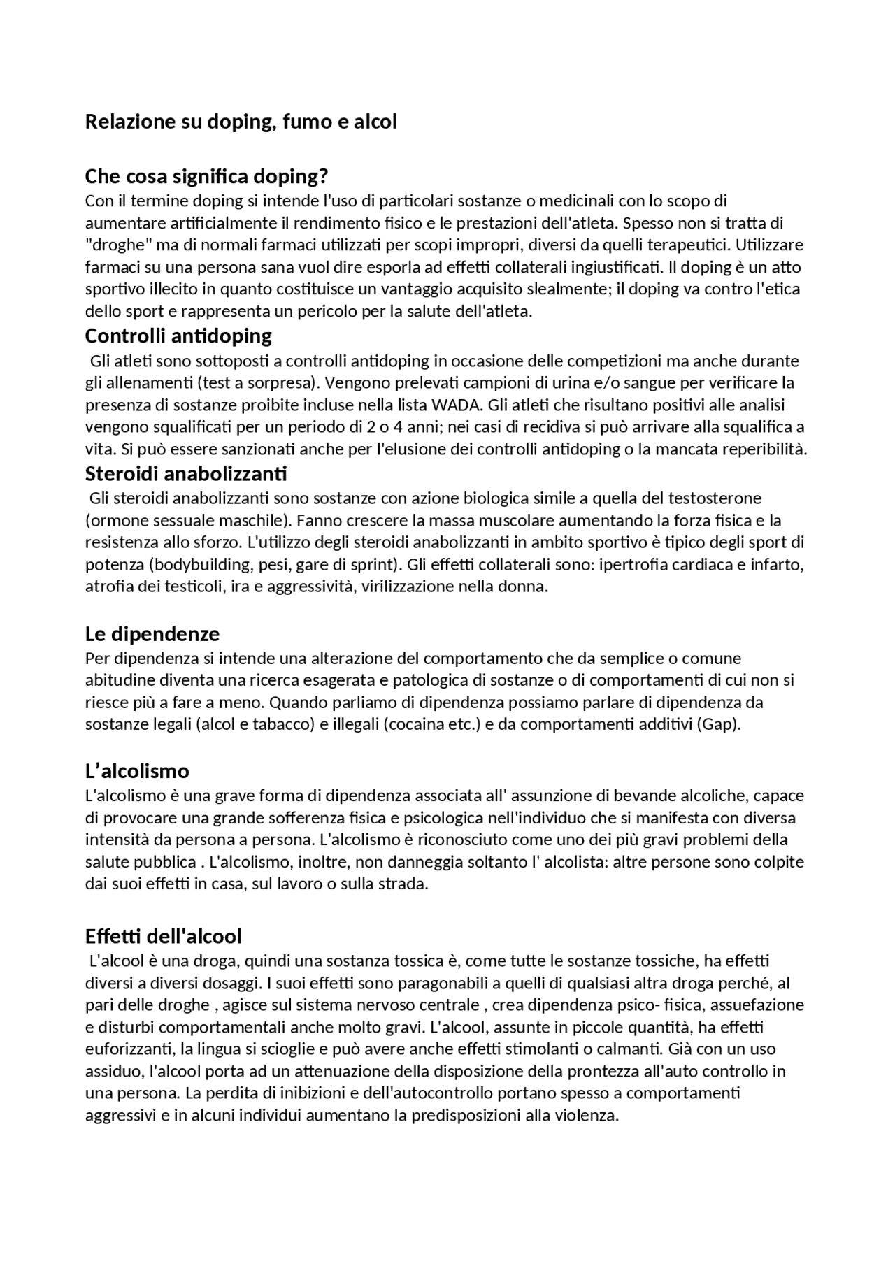 Le dipendenze (alcol,fumo e doping) - Docsity