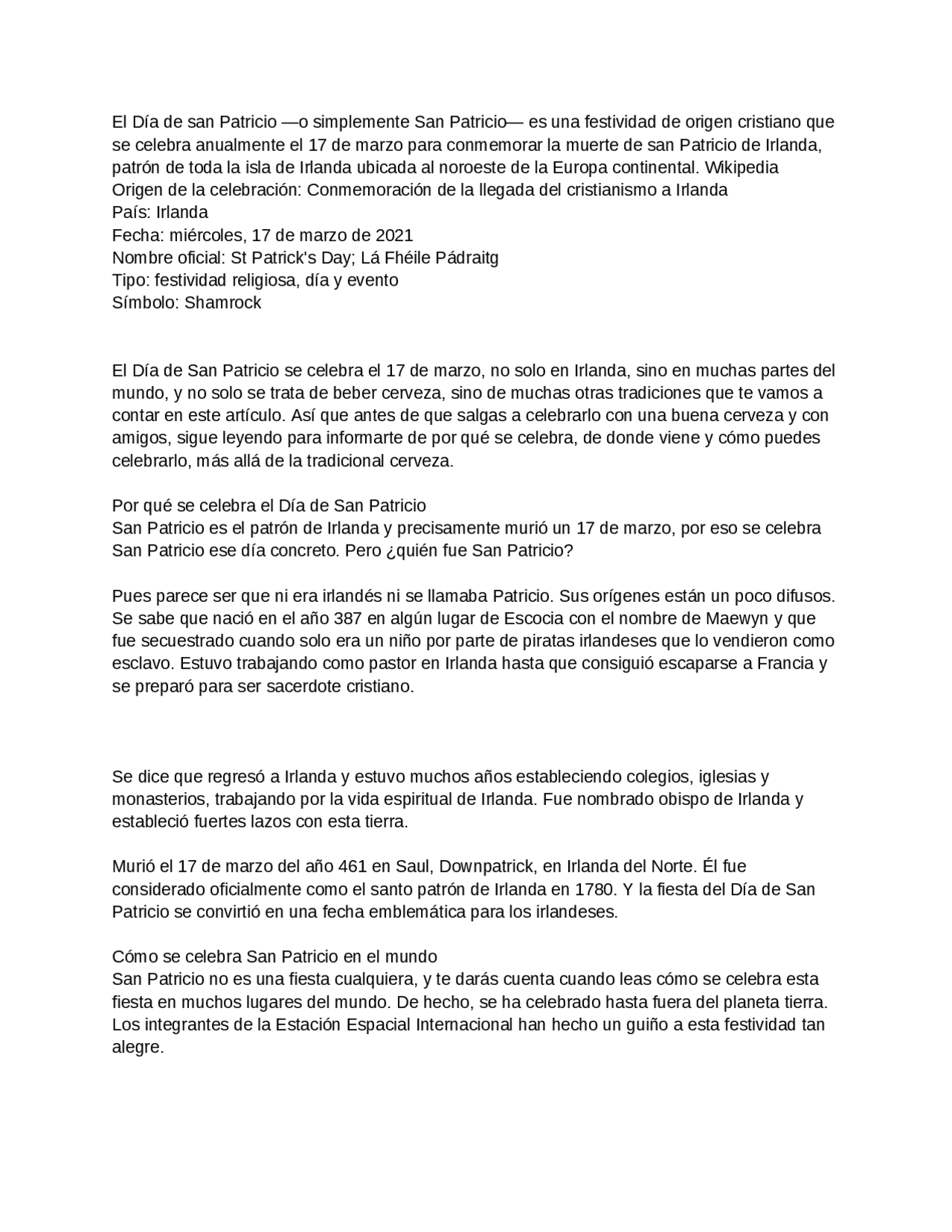 El día de San Patricio - Docsity