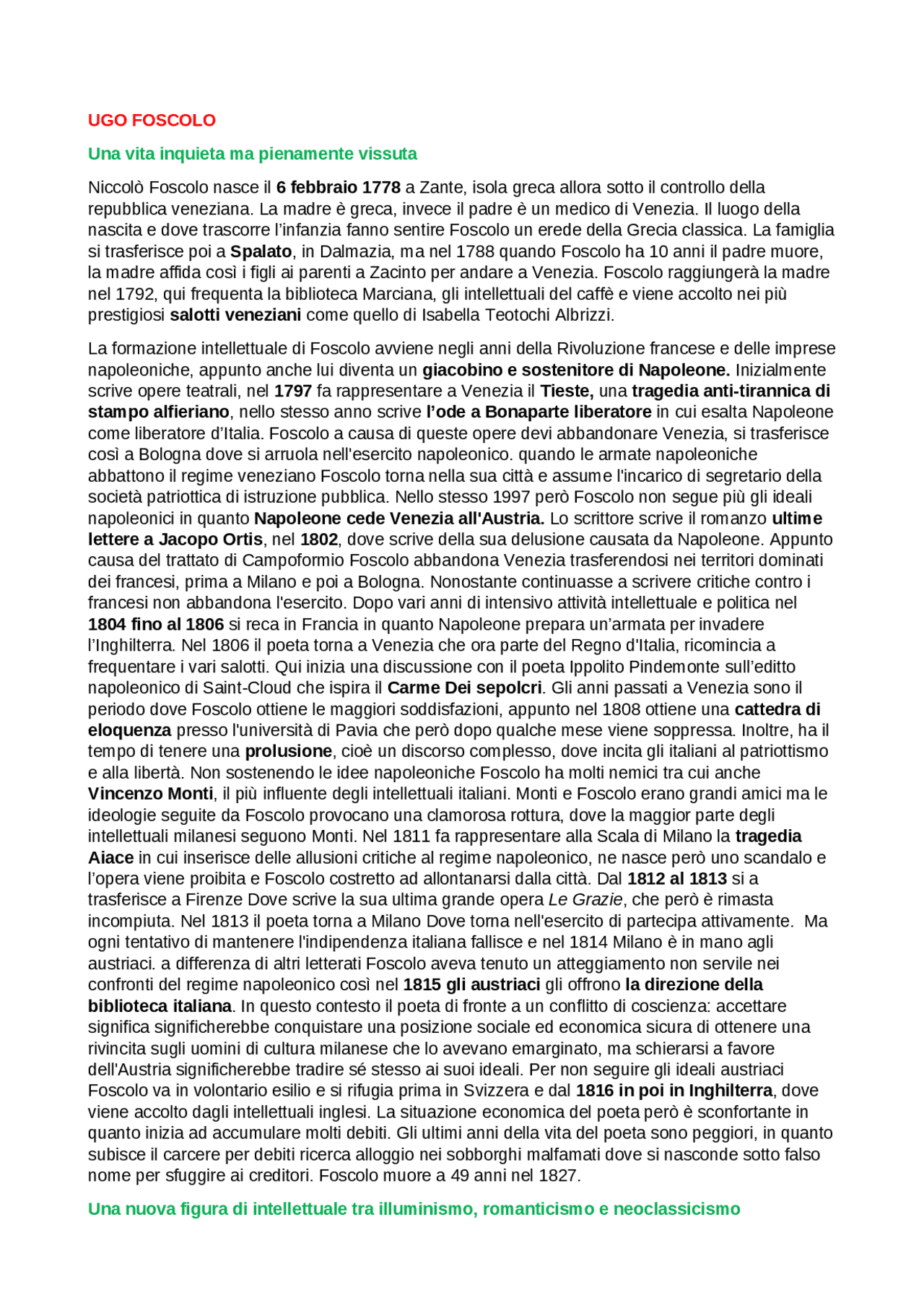Appunti Su Foscolo E Manzoni Docsity