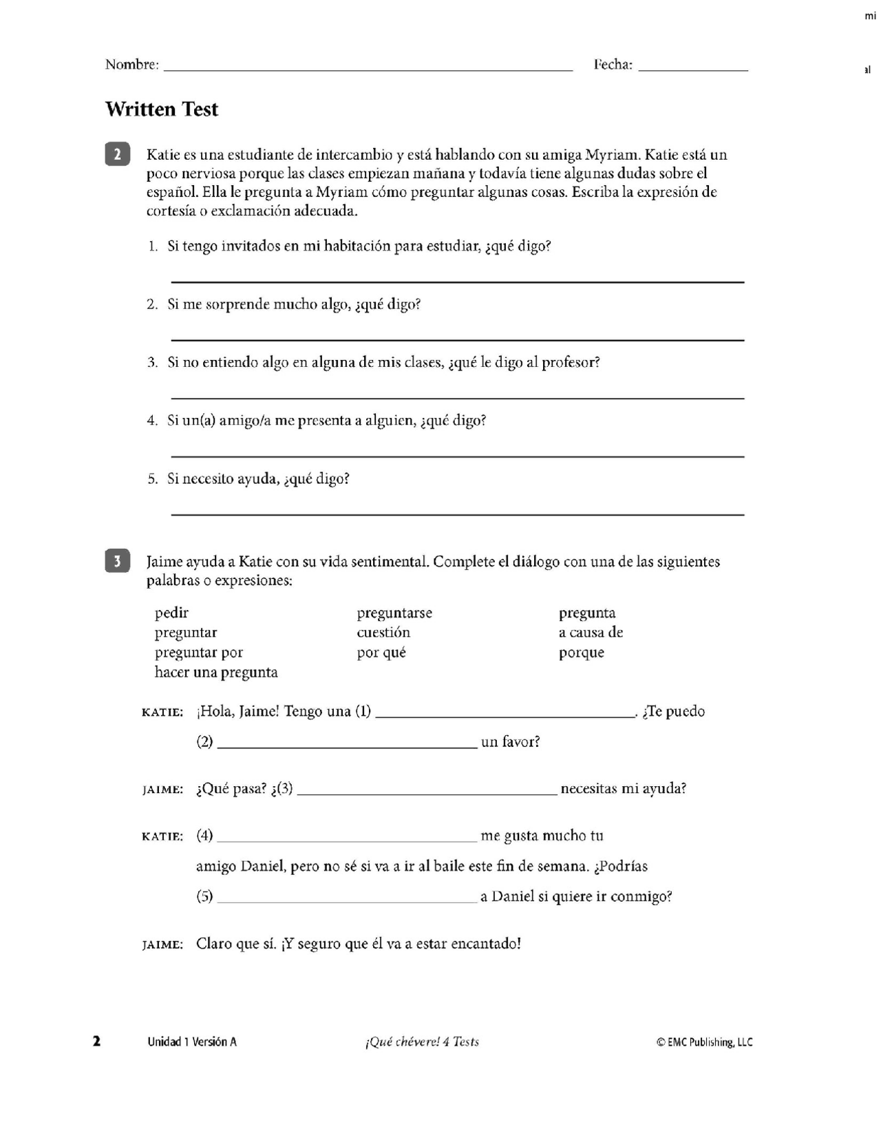 Test unit 1 que chevere level 4 writing portion - Docsity
